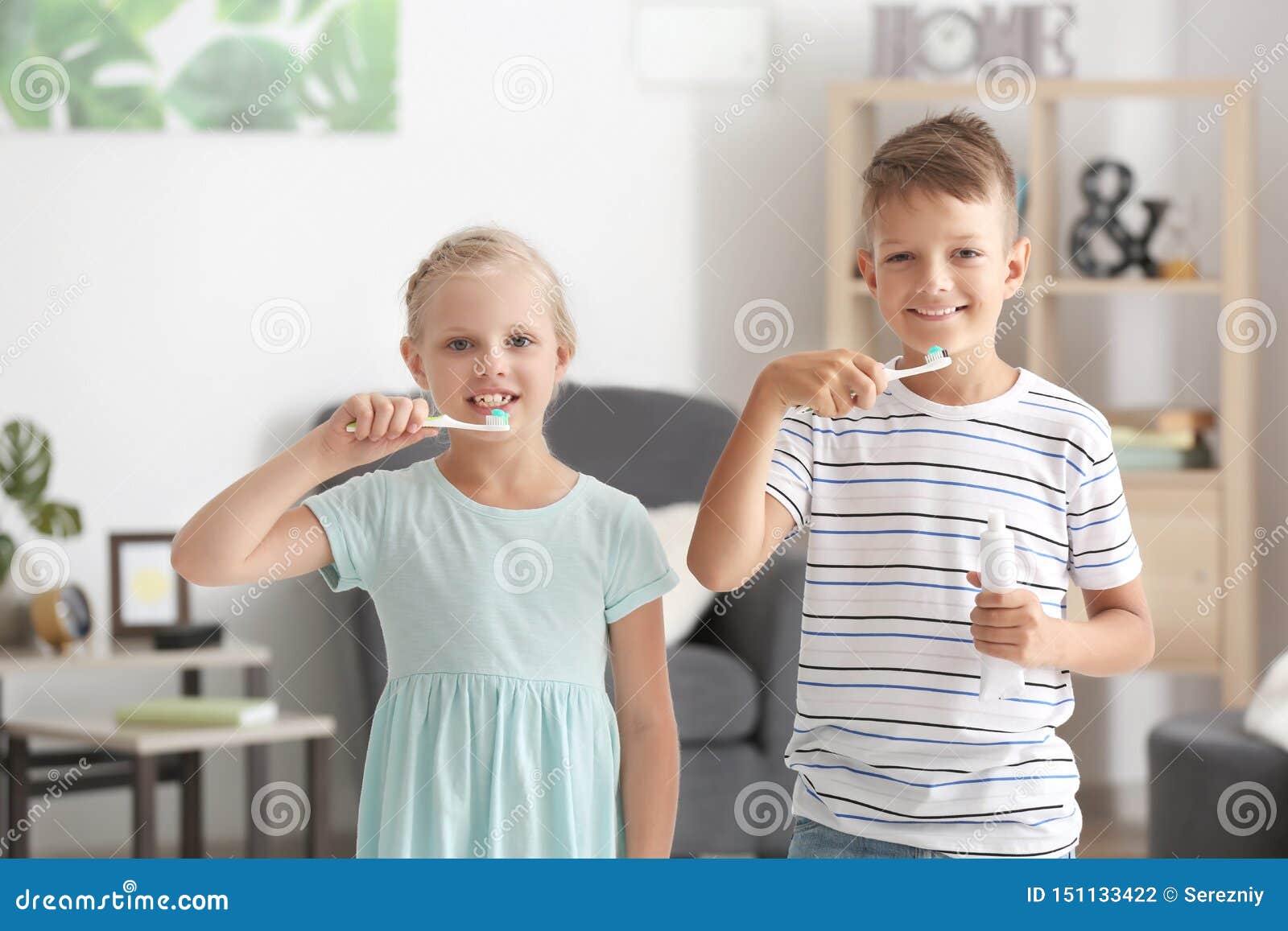 Cute Little Children Brushing Teeth at Home Stock Photo - Image of girl ...