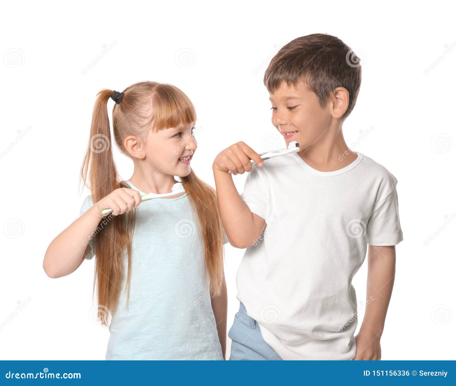 Cute Little Children Brushing Teeth on White Background Stock Photo ...