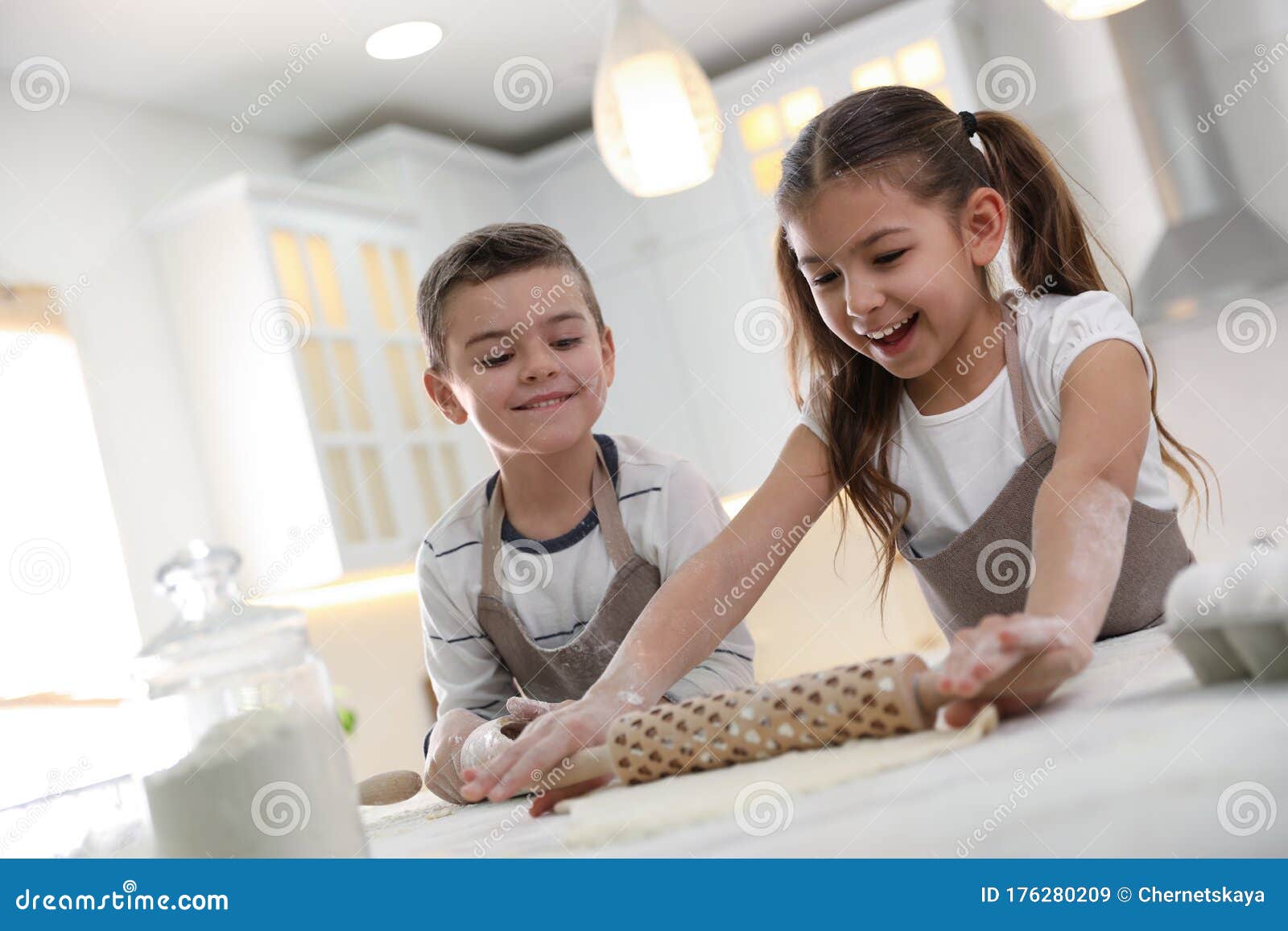 Cute Little Children Cooking Dough in Kitchen Stock Image - Image of ...