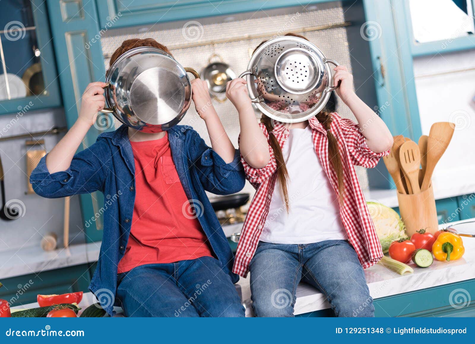 Cute Little Children Having Fun with Utensils Stock Photo - Image of ...