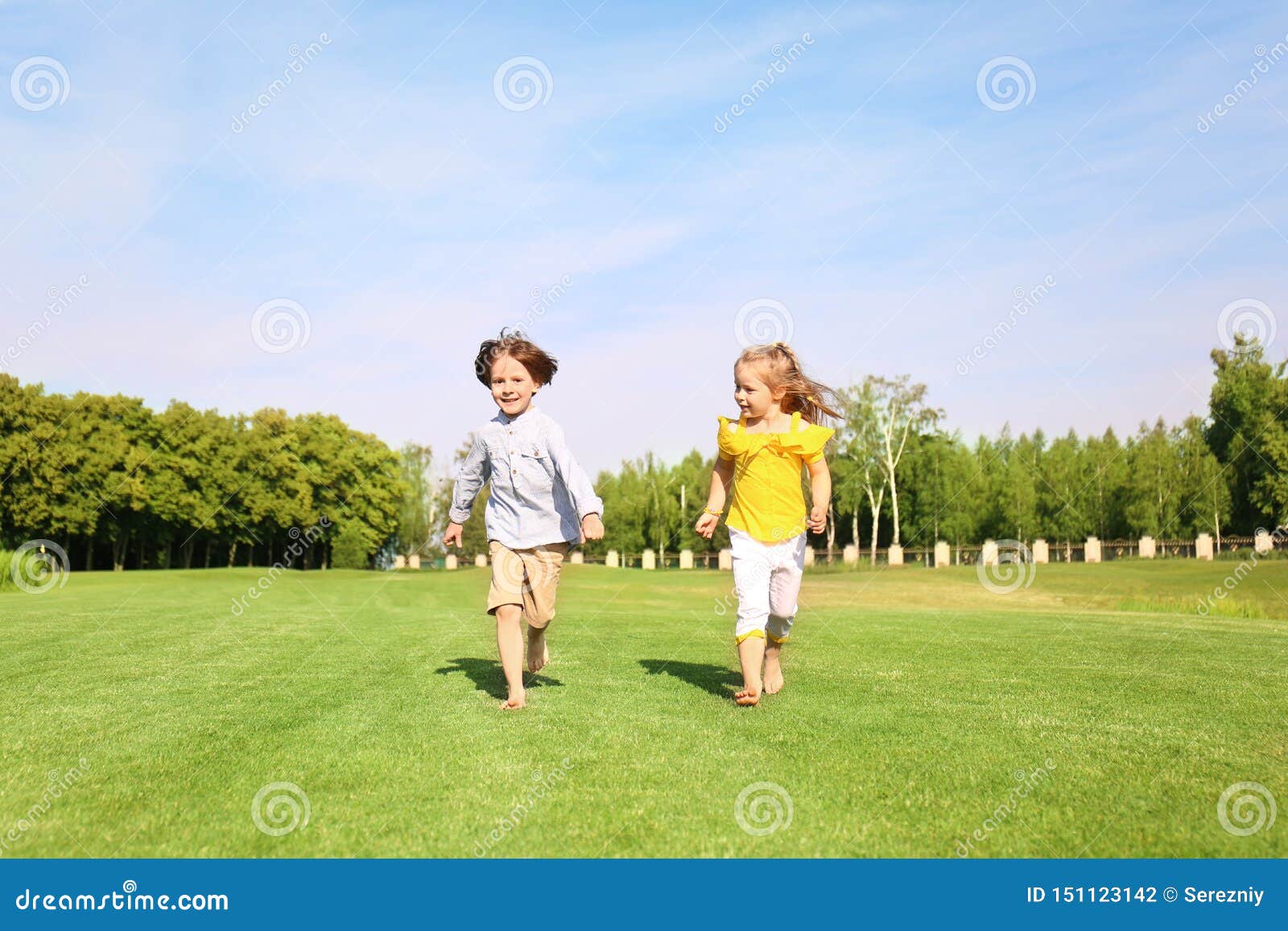 Cute Little Children Running in Park on Sunny Day Stock Photo - Image ...