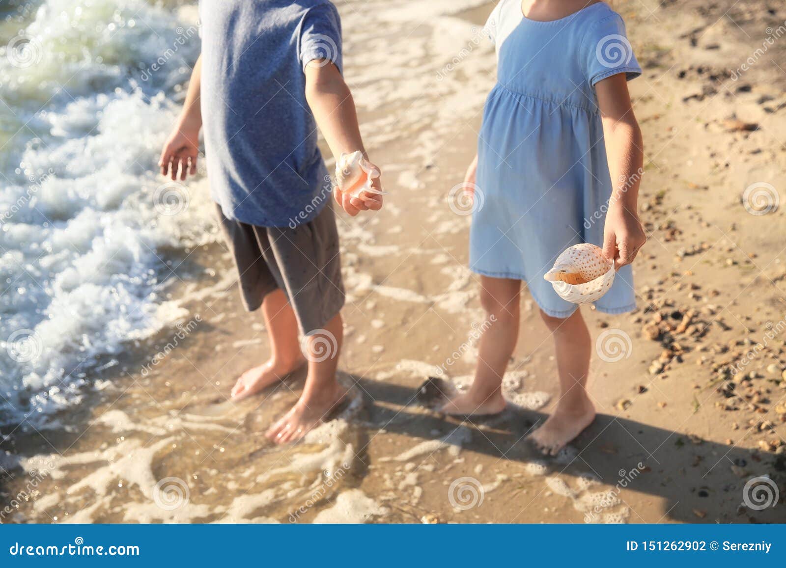 Cute Little Children with Sea Shells on Beach Stock Photo - Image of ...