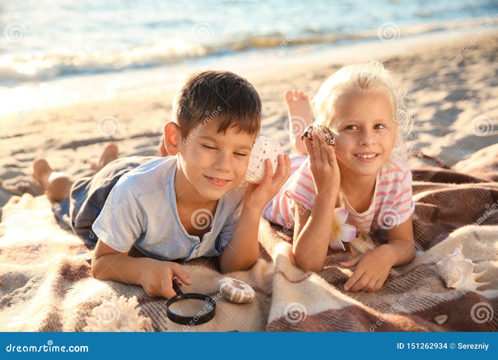 Cute Little Children with Sea Shells on Beach Stock Photo - Image of ...