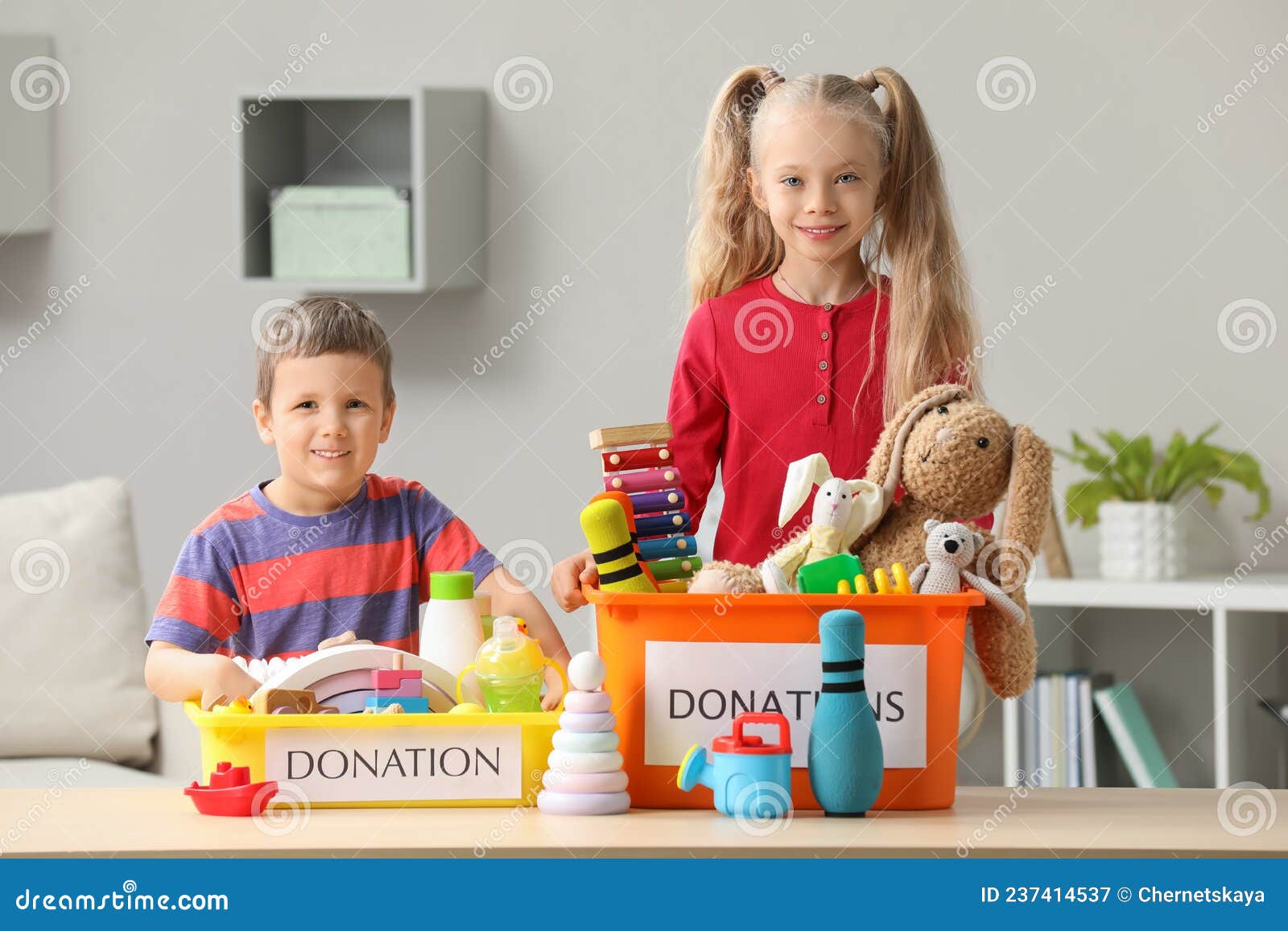 Cute Little Children Sorting Donation Boxes at Home Stock Image - Image ...