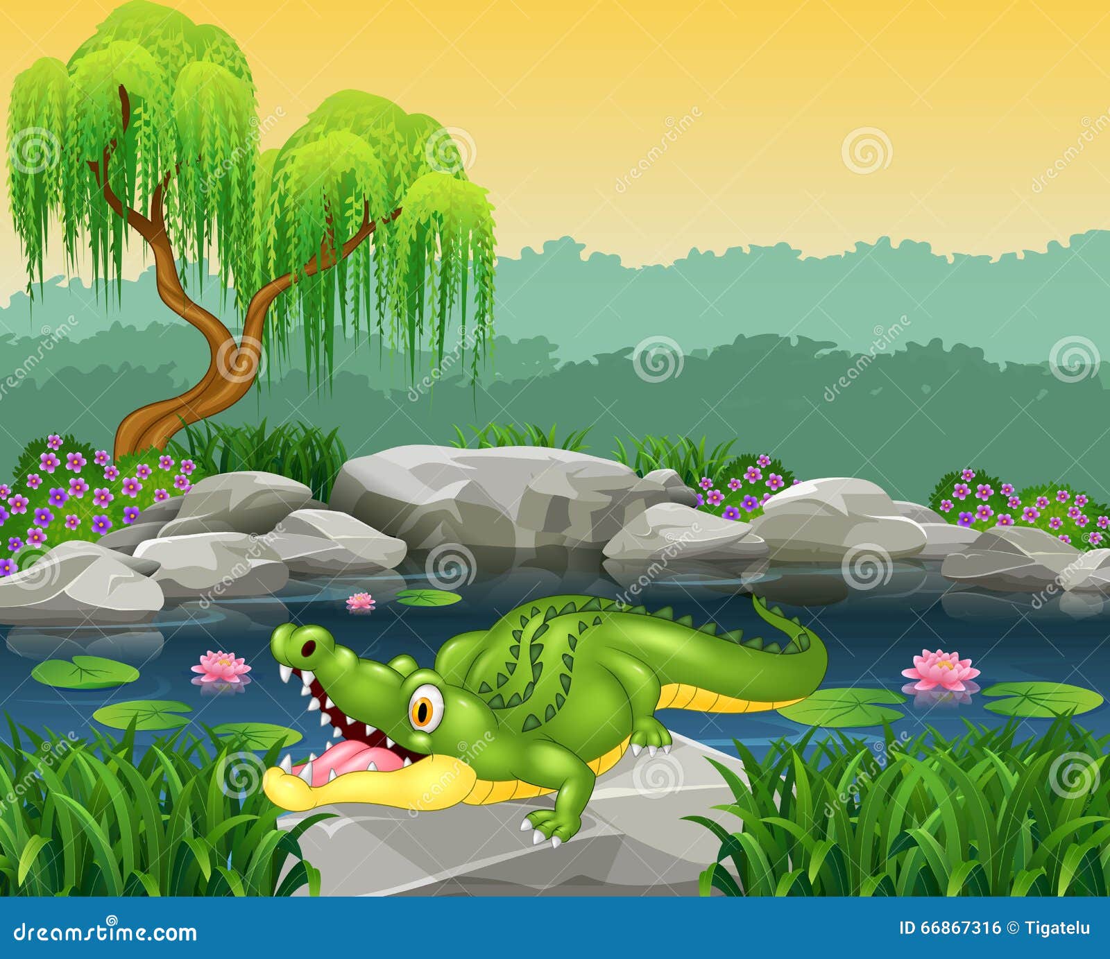 Cute Little Crocodile Posing on the Rock Stock Vector - Illustration of ...