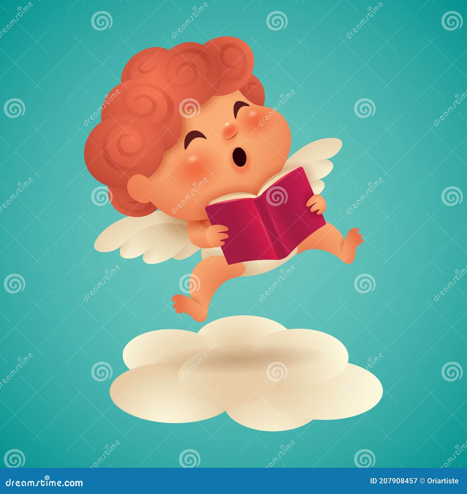 Cute Little Cupid Reading a Book Floating on Cloud. Isolated Stock ...