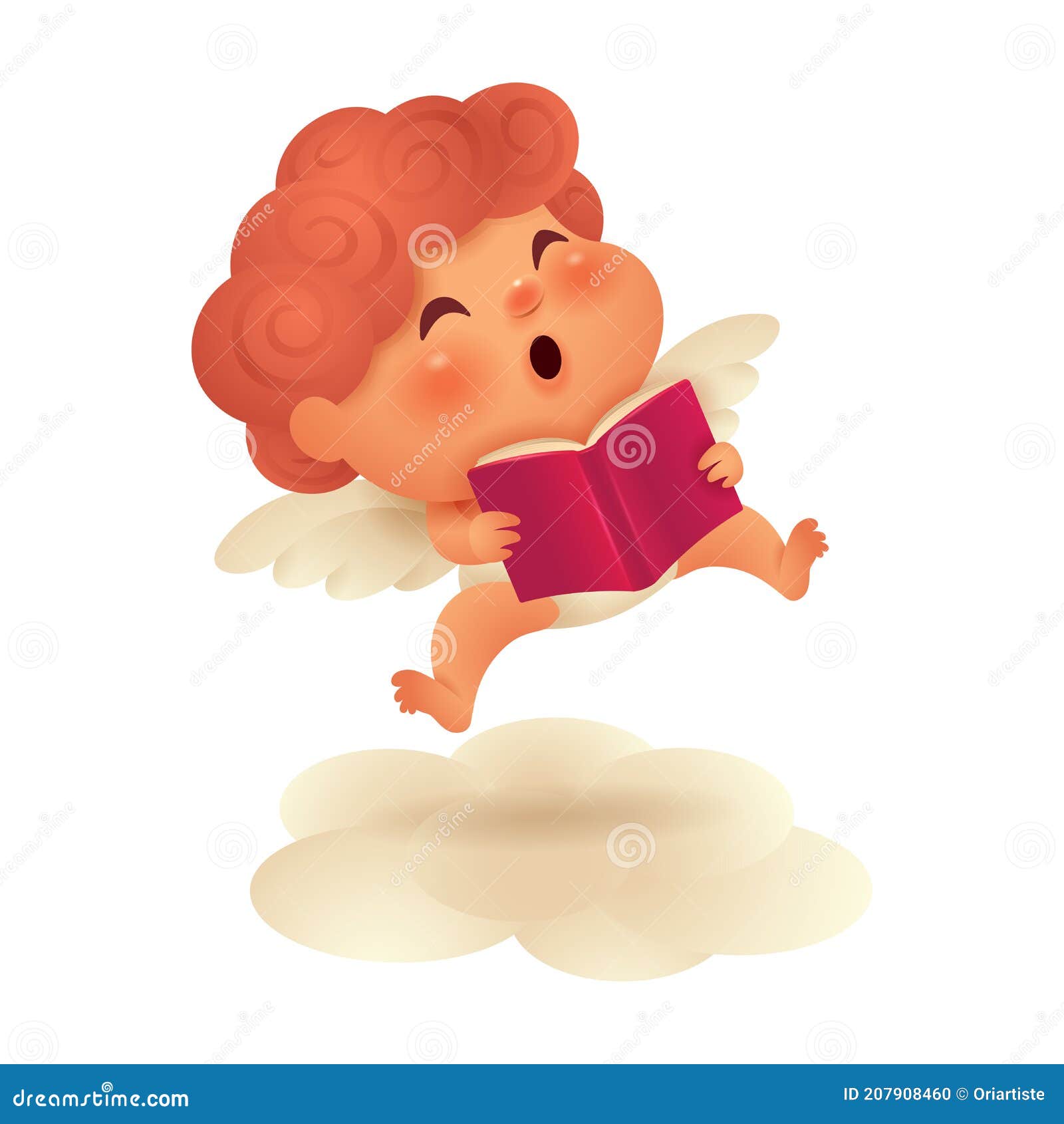 Cute Little Cupid Reading a Book Floating on Cloud on White Background ...