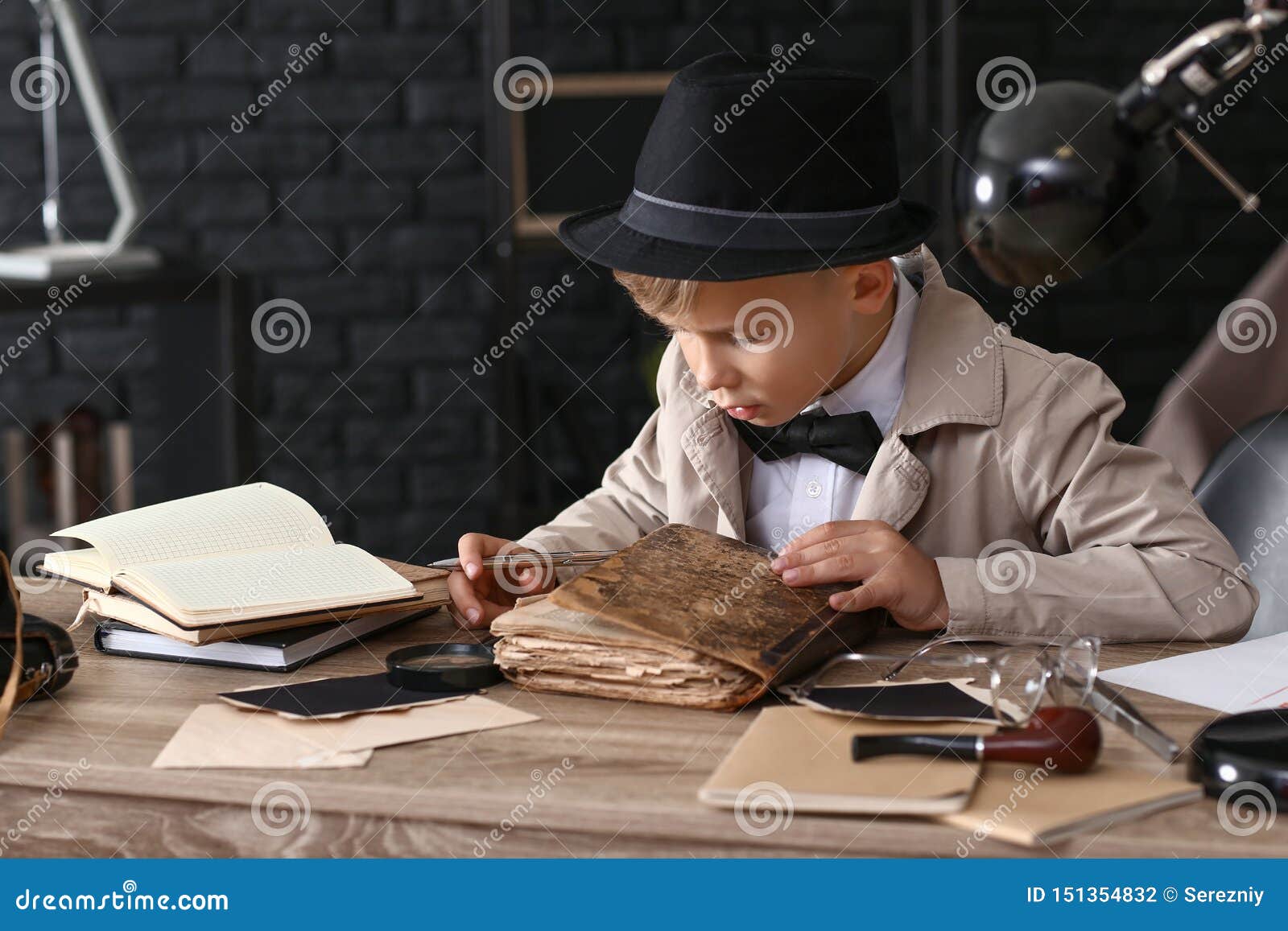 Cute Little Detective Reading Old Book Indoors Stock Photo - Image of ...