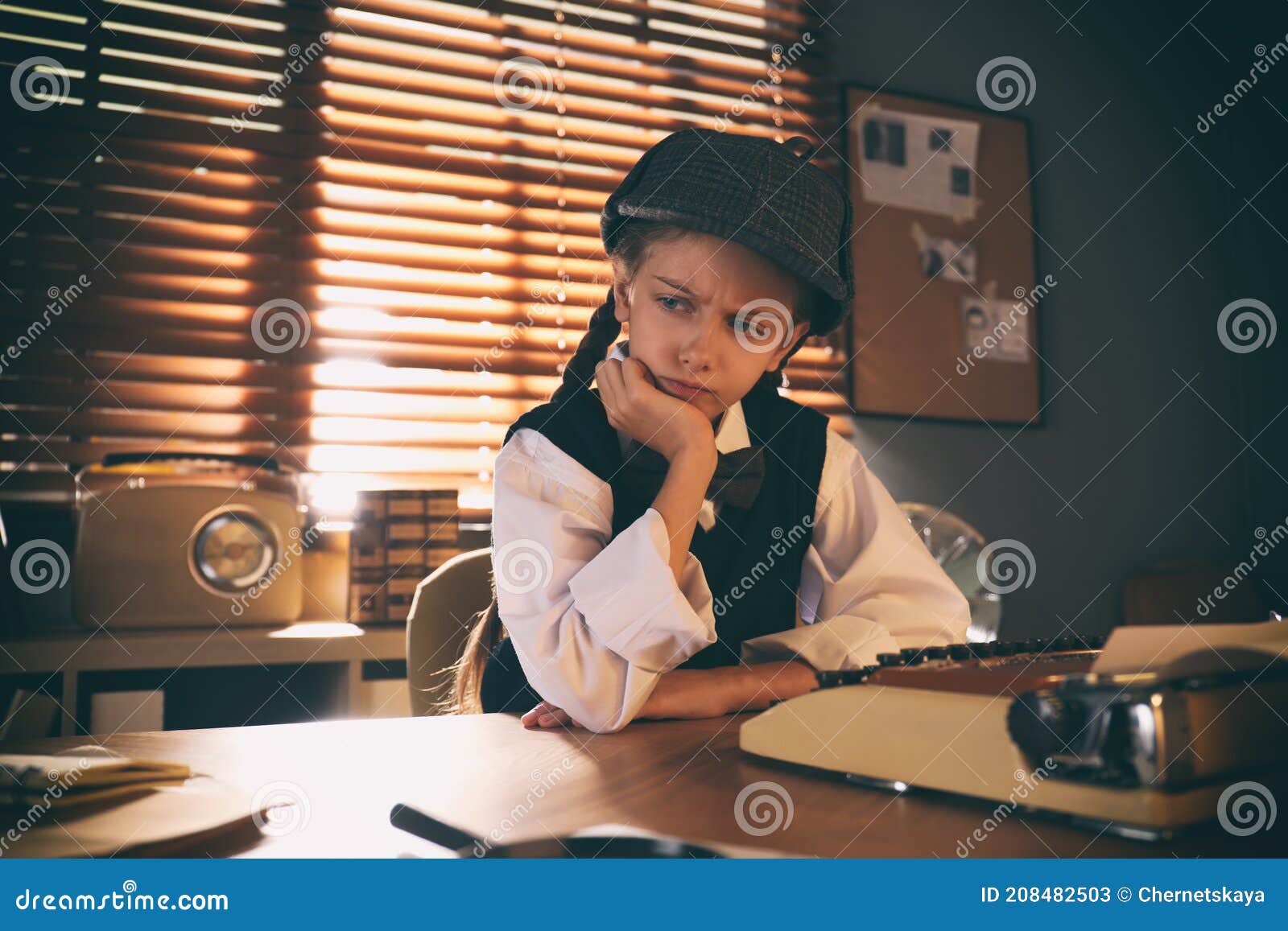 Cute Little Detective at Table in Office Stock Image - Image of playing ...