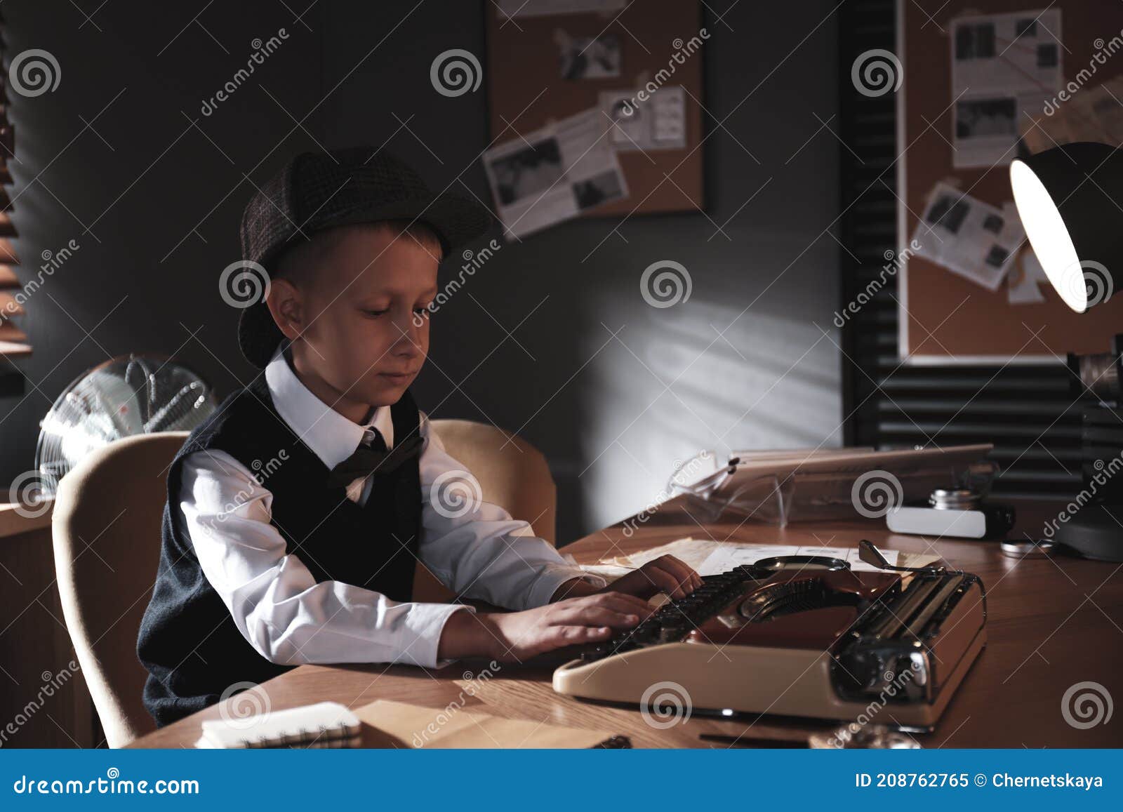 Cute Little Detective Using Typewriter at Table in Office Stock Image ...