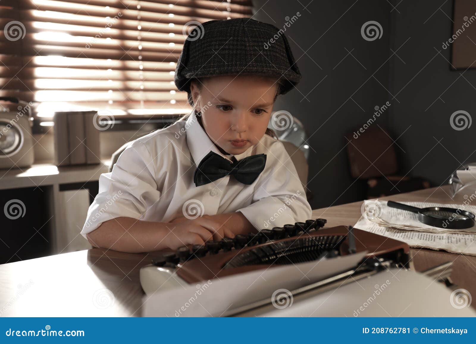 Cute Little Detective Using Typewriter at Table in Office Stock Image ...
