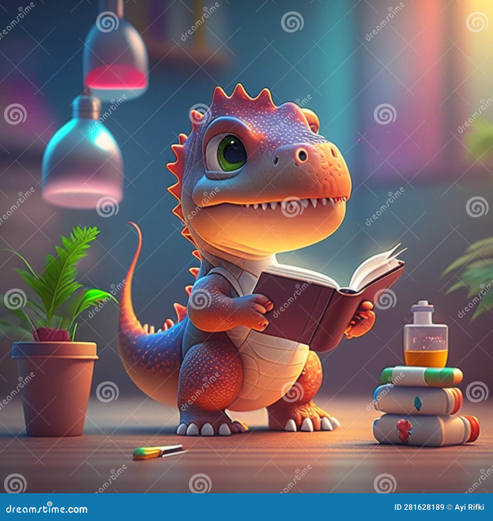 Cute Little Dinosaur Reading a Book at Home. 3D Rendering Stock ...