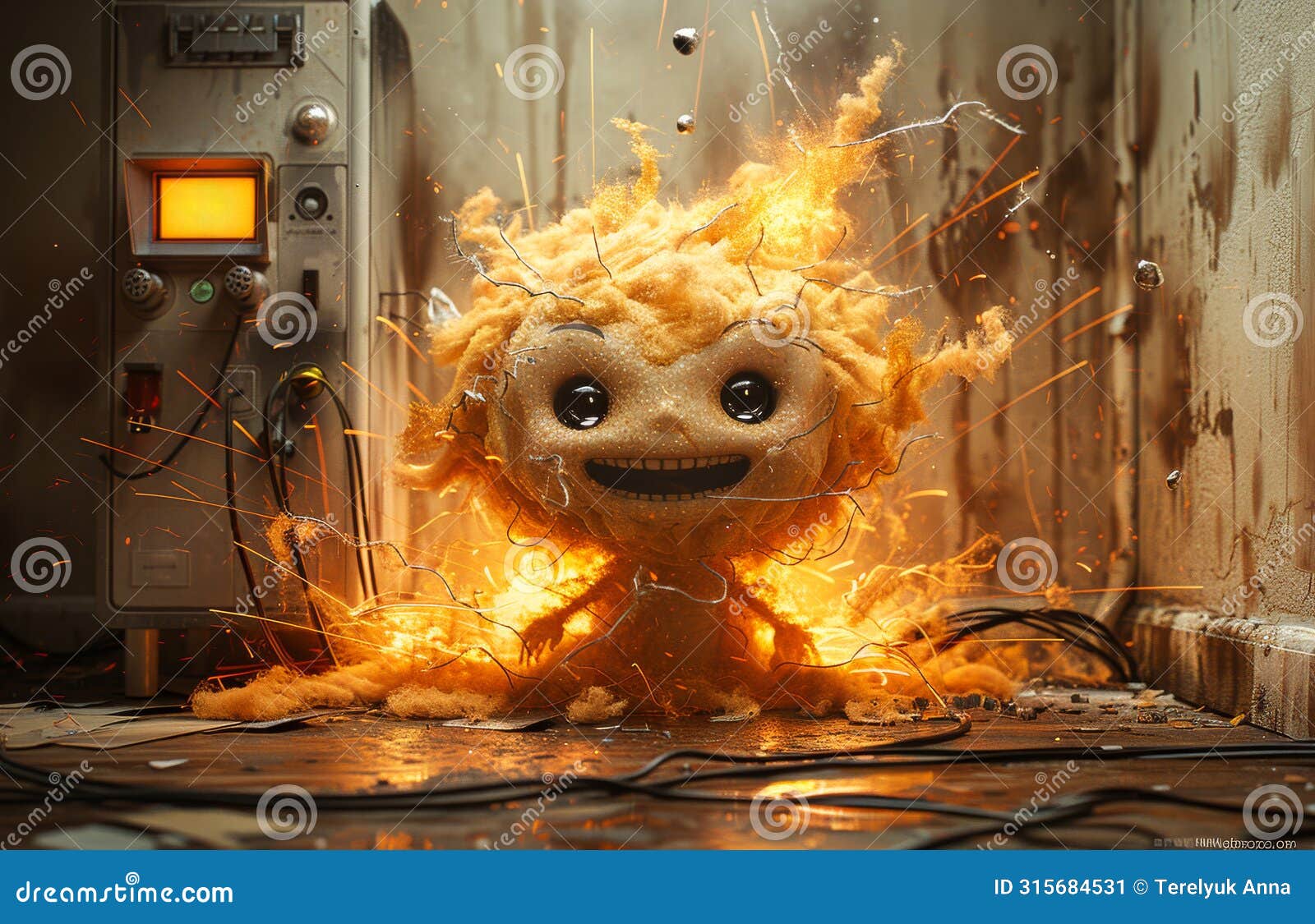 Cute Little Electric Monster. Small Toy Monster is on Fire in Room with ...
