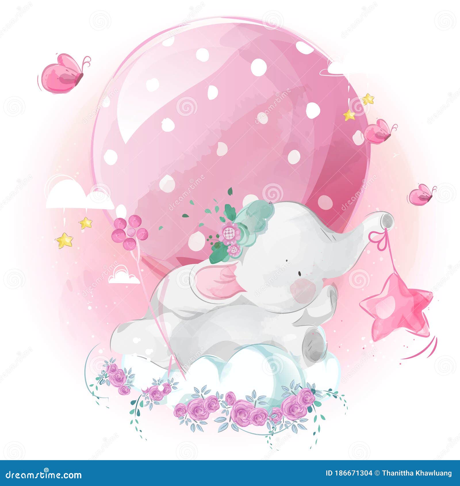Cute Little Elephant and Balloon in the Bright Sky Stock Illustration ...