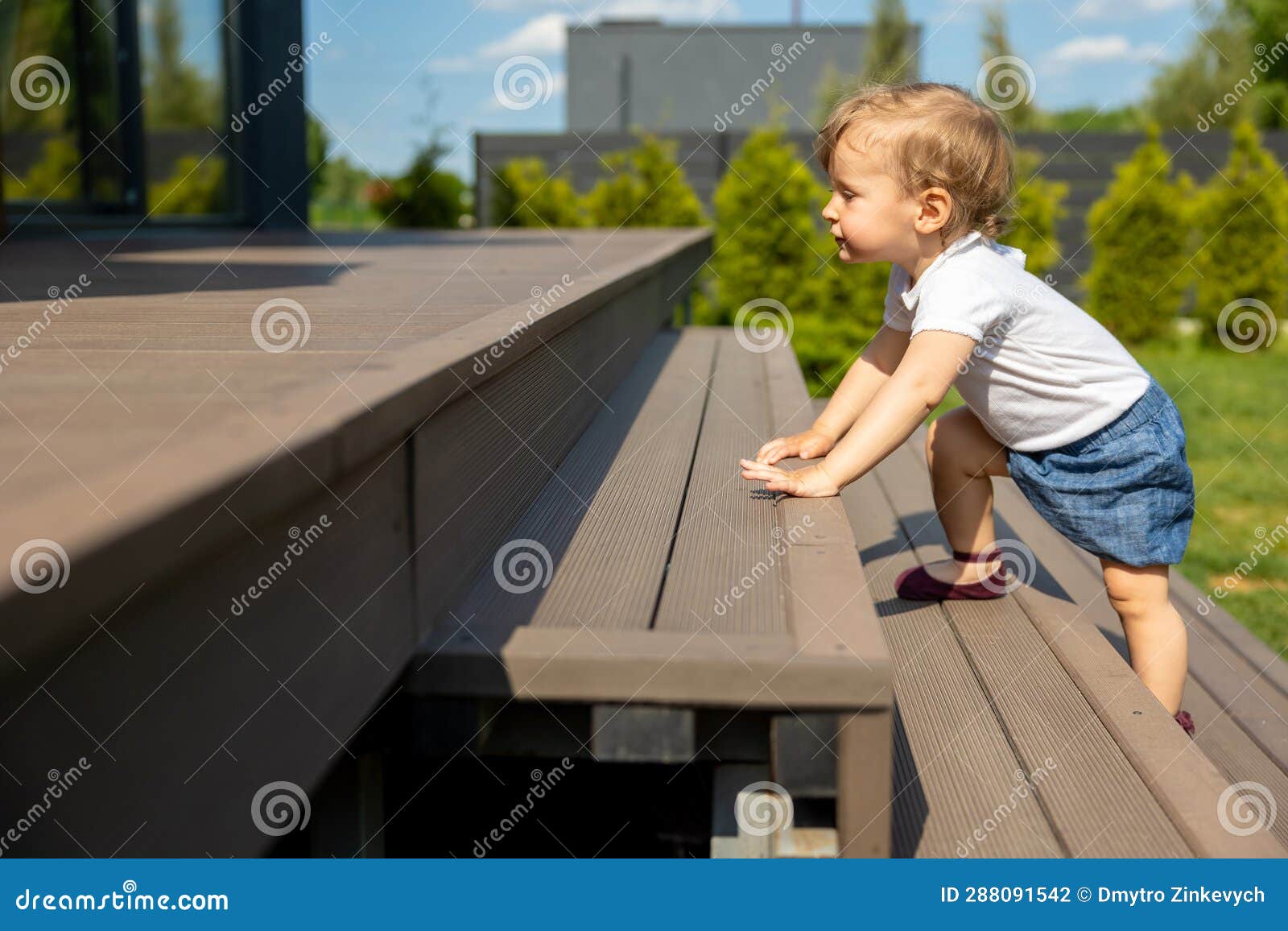 Cute Little Fair-haired Kid on the Steps Stock Photo - Image of summer ...