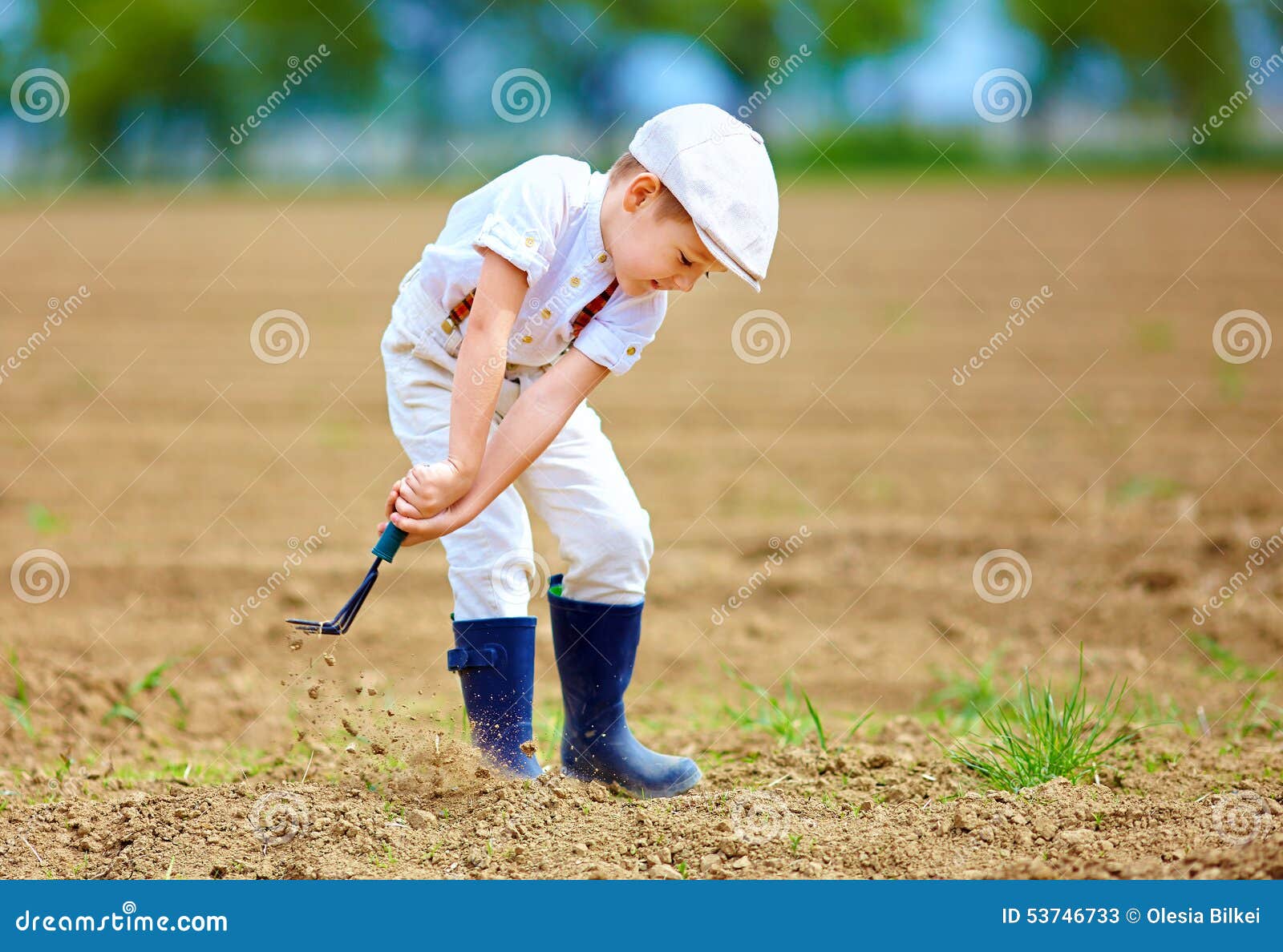 Cute Little Farmer Working with Spud on Spring Field Stock Image ...