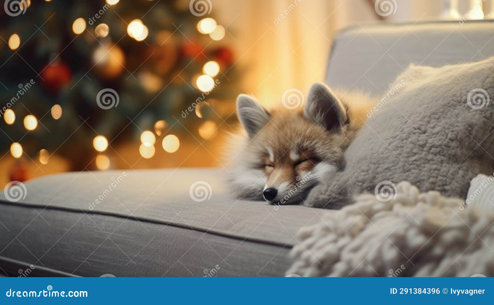 Cute Little Fox Sleeping on Sofa in Room with Christmas Tree and Lights ...