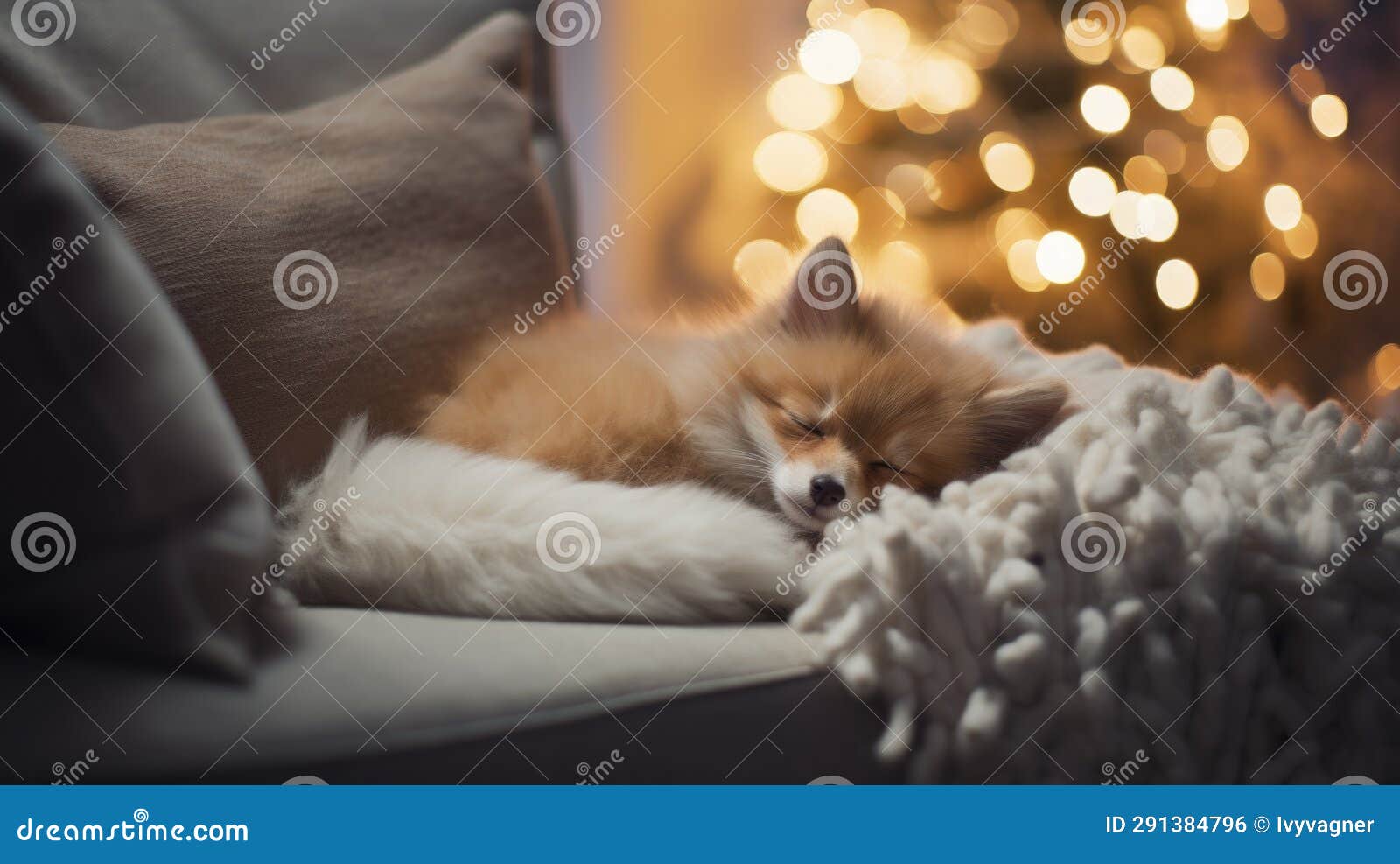 Cute Little Fox Sleeping on Sofa in Room with Christmas Tree and Lights ...