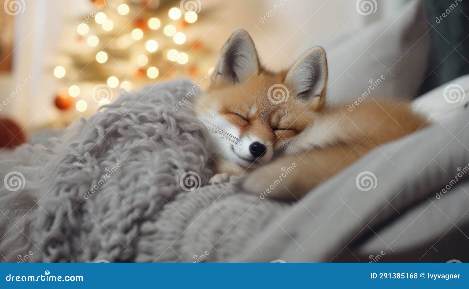 Cute Little Fox Sleeping on Sofa in Room with Christmas Tree and Lights ...