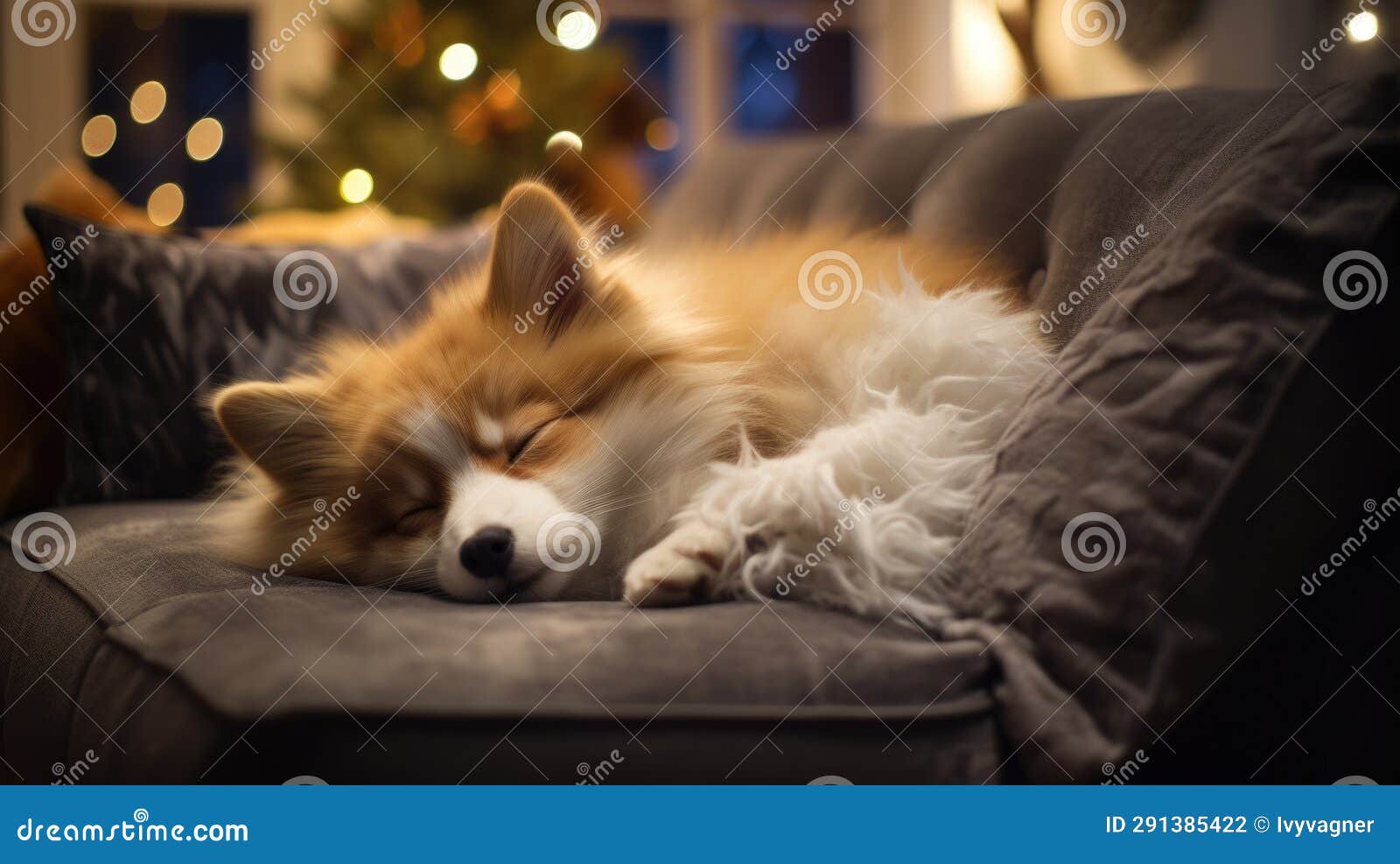 Cute Little Fox Sleeping on Sofa in Room with Christmas Tree and Lights ...