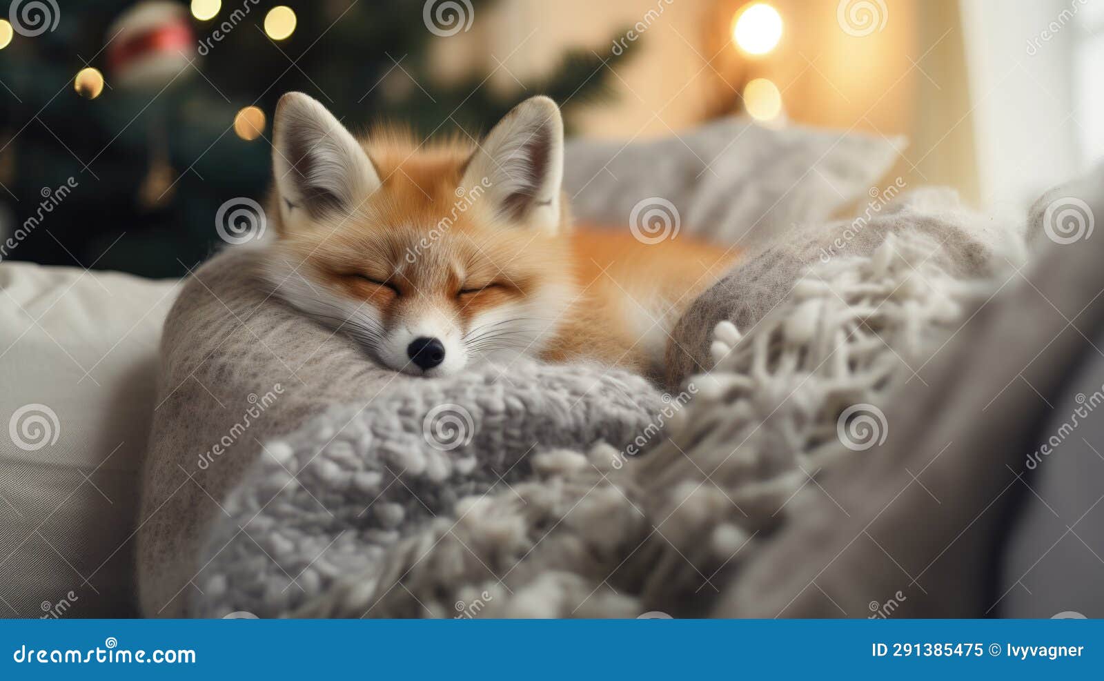Cute Little Fox Sleeping on Sofa in Room with Christmas Tree and Lights ...