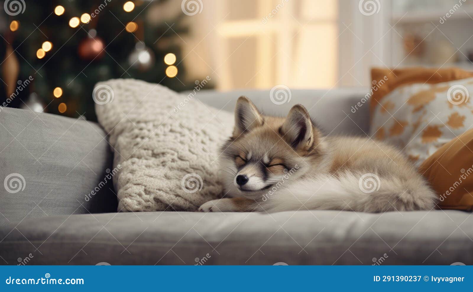 Cute Little Fox Sleeping on Sofa in Room with Christmas Tree and Lights ...