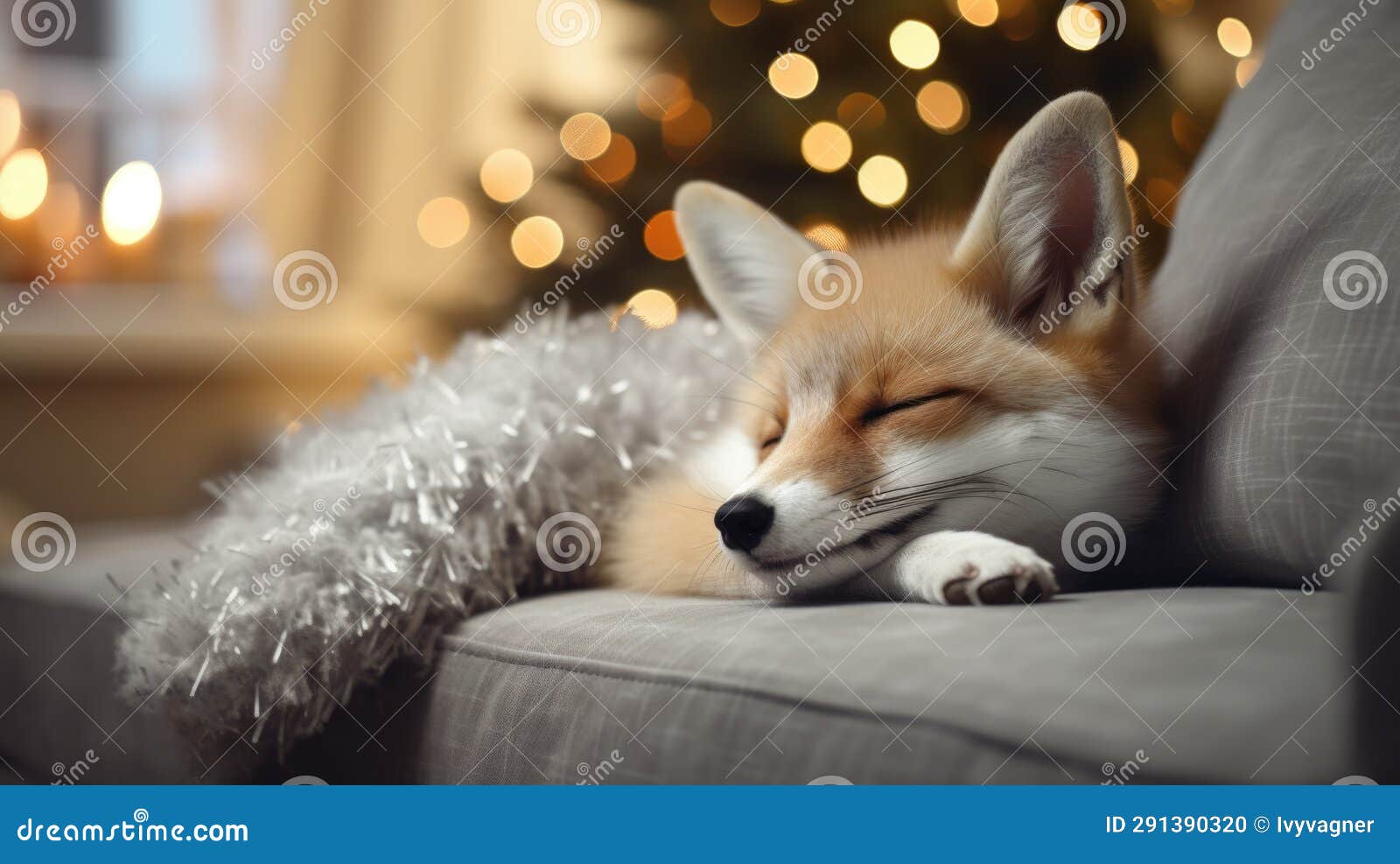 Cute Little Fox Sleeping on Sofa in Room with Christmas Tree and Lights ...
