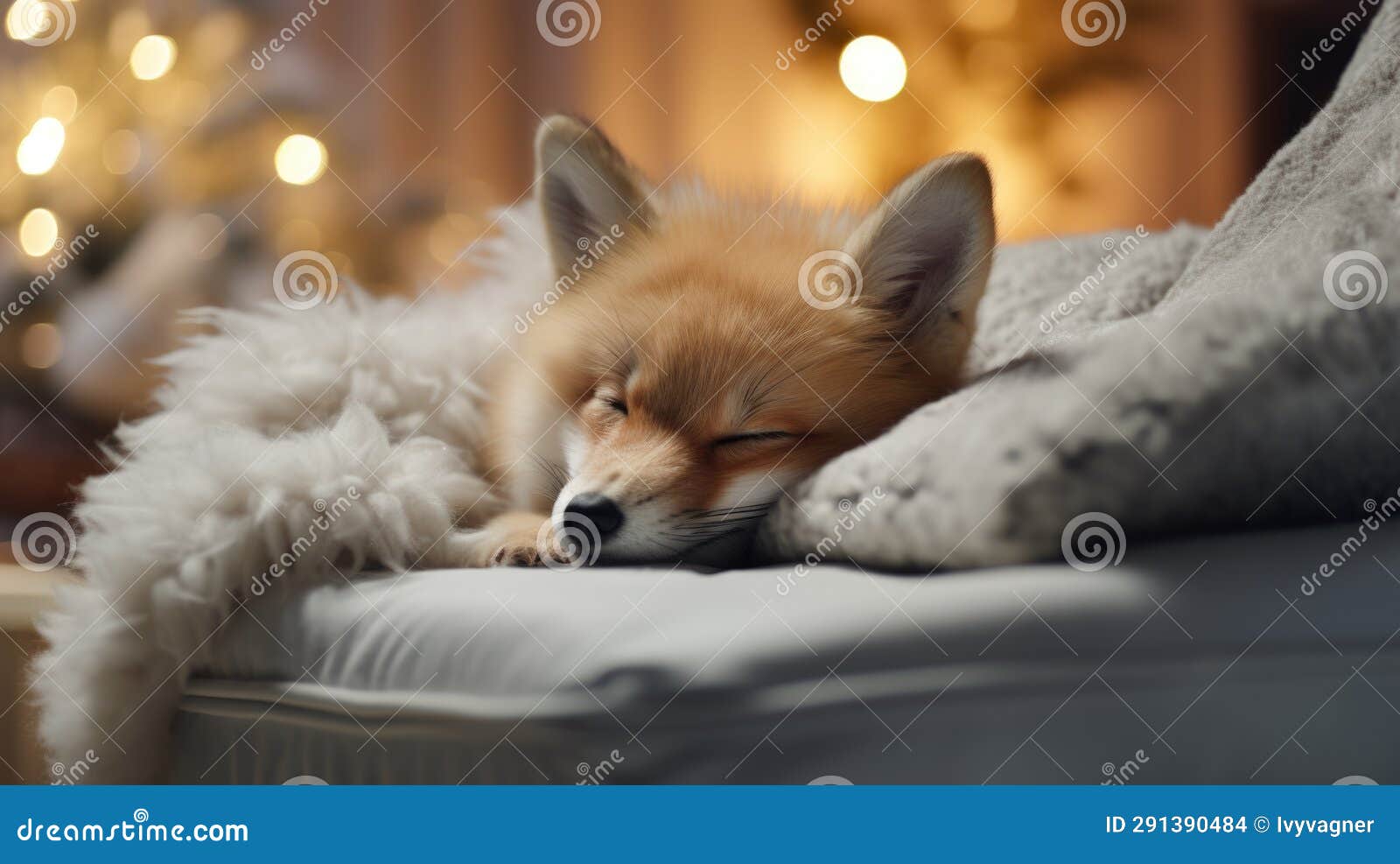 Cute Little Fox Sleeping on Sofa in Room with Christmas Tree and Lights ...