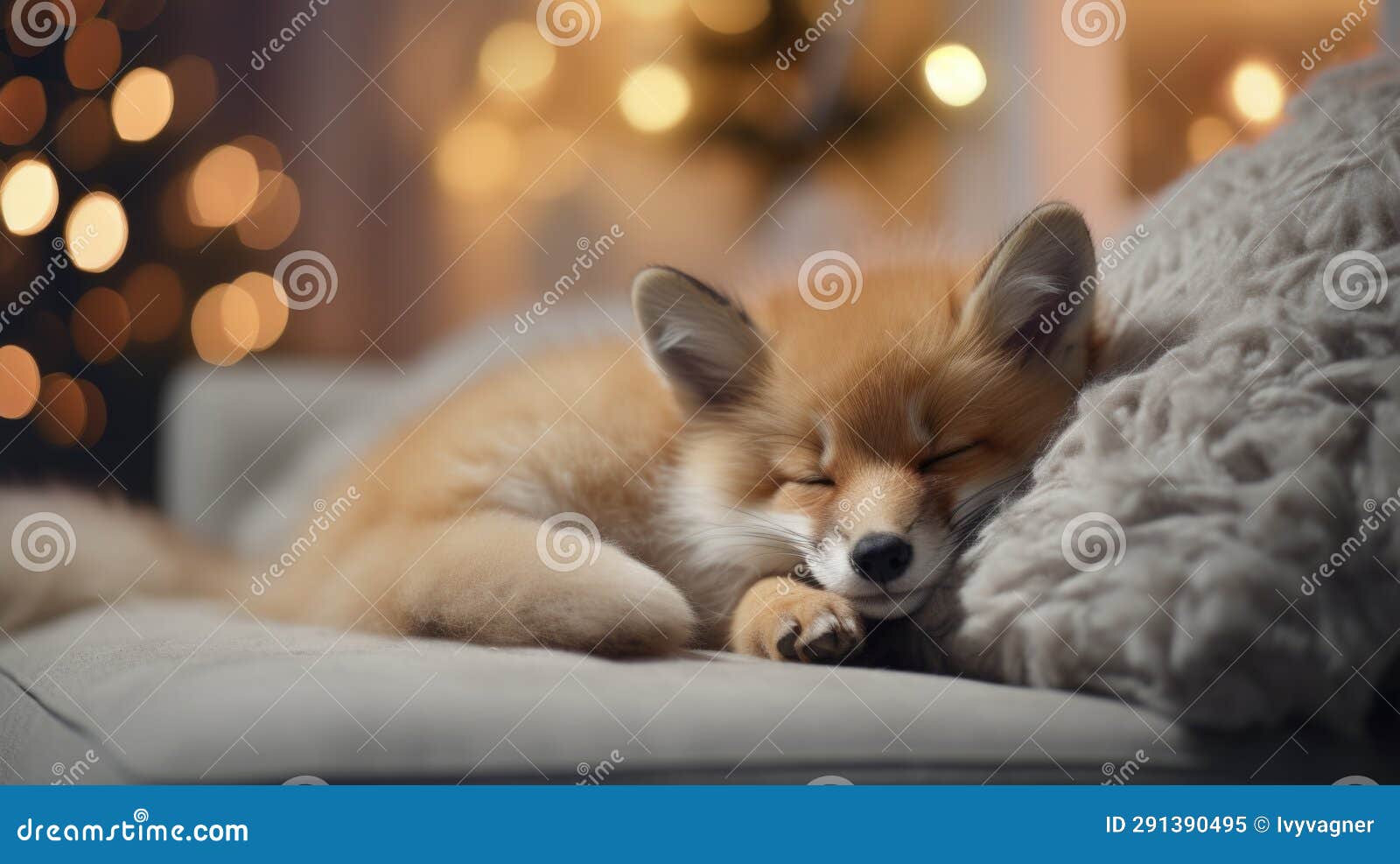 Cute Little Fox Sleeping on Sofa in Room with Christmas Tree and Lights ...