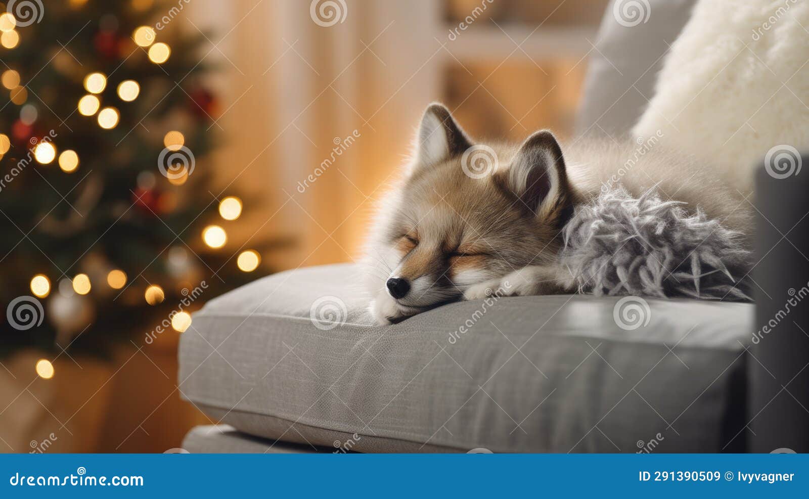 Cute Little Fox Sleeping on Sofa in Room with Christmas Tree and Lights ...