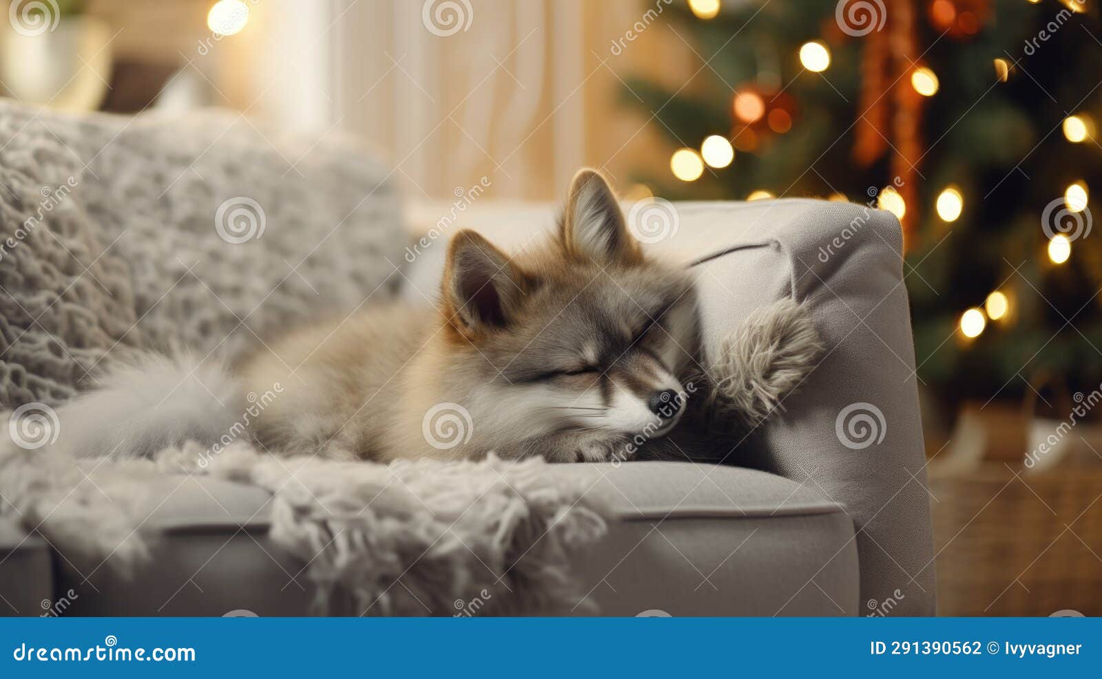 Cute Little Fox Sleeping on Sofa in Room with Christmas Tree and Lights ...