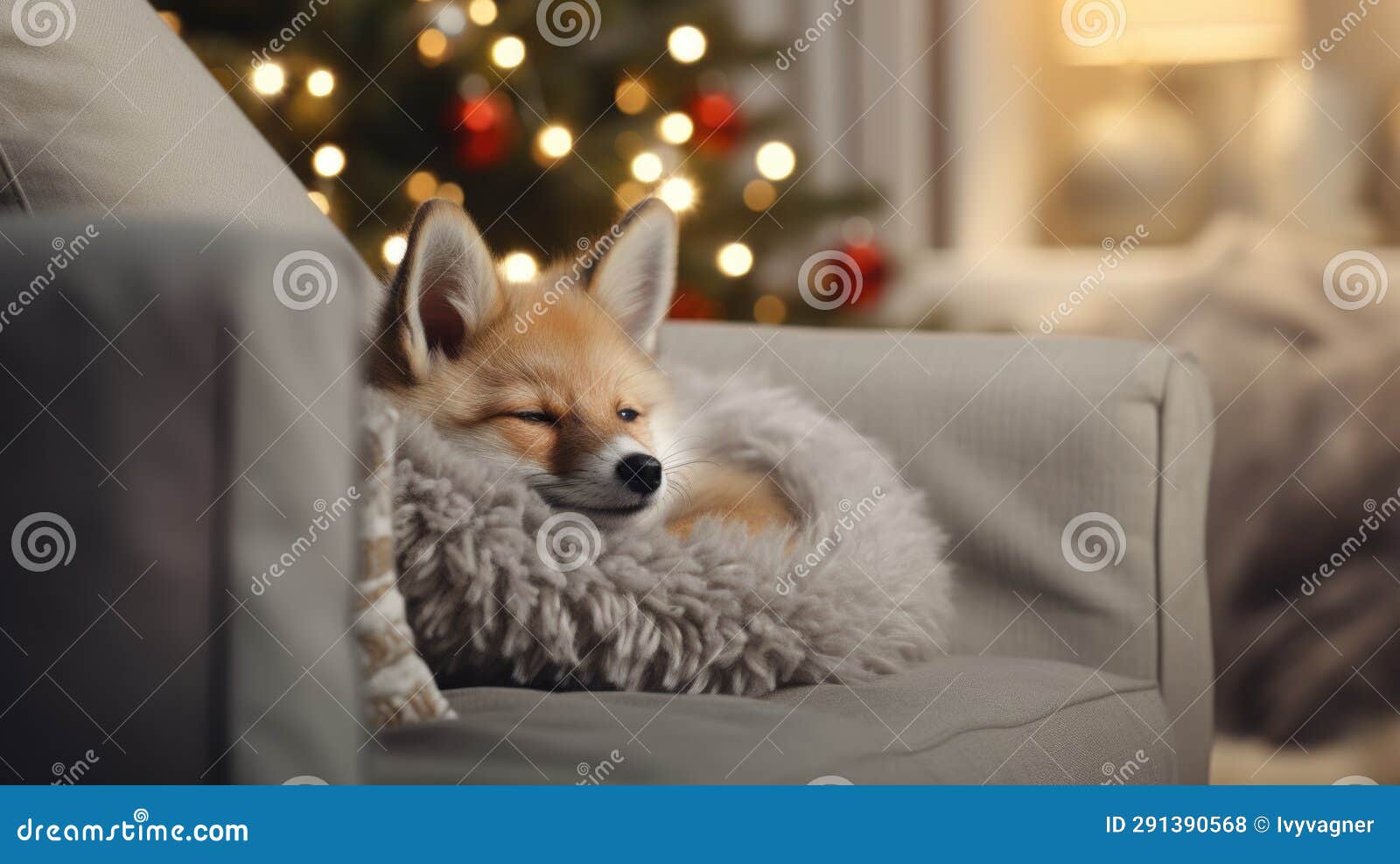 Cute Little Fox Sleeping on Sofa in Room with Christmas Tree and Lights ...