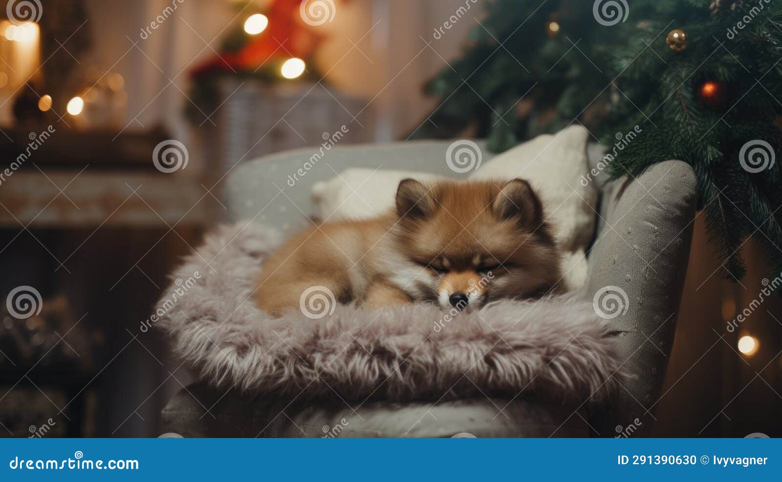 Cute Little Fox Sleeping on Sofa in Room with Christmas Tree and Lights ...