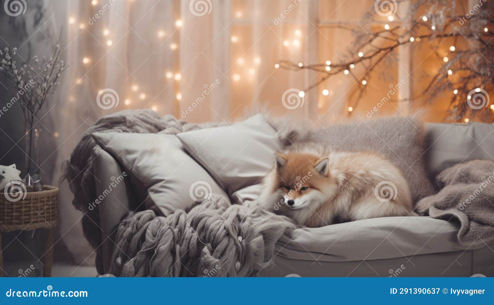 Cute Little Fox Sleeping on Sofa in Room with Christmas Tree and Lights ...