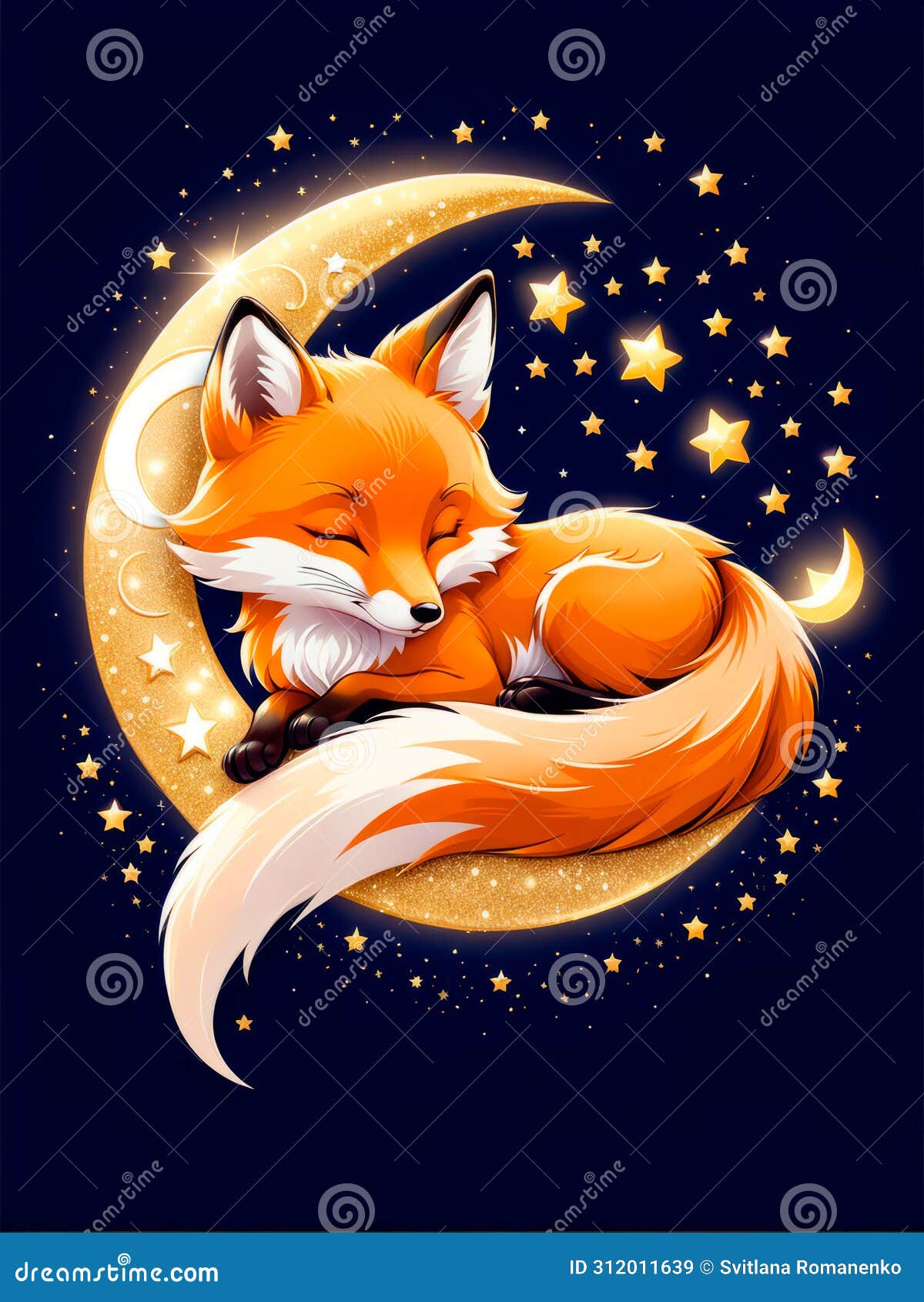 Cute Little Fox Sleeping on Sparkling Moon among the Stars. Graphic ...