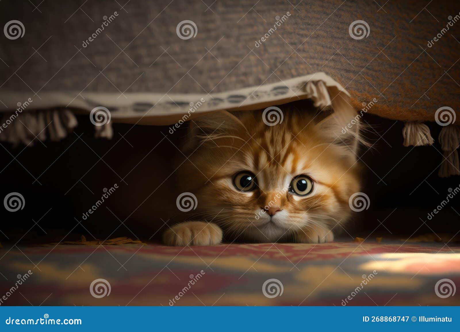Cute Little Ginger Kitten Scared and Hides Under the Bed Stock Image ...