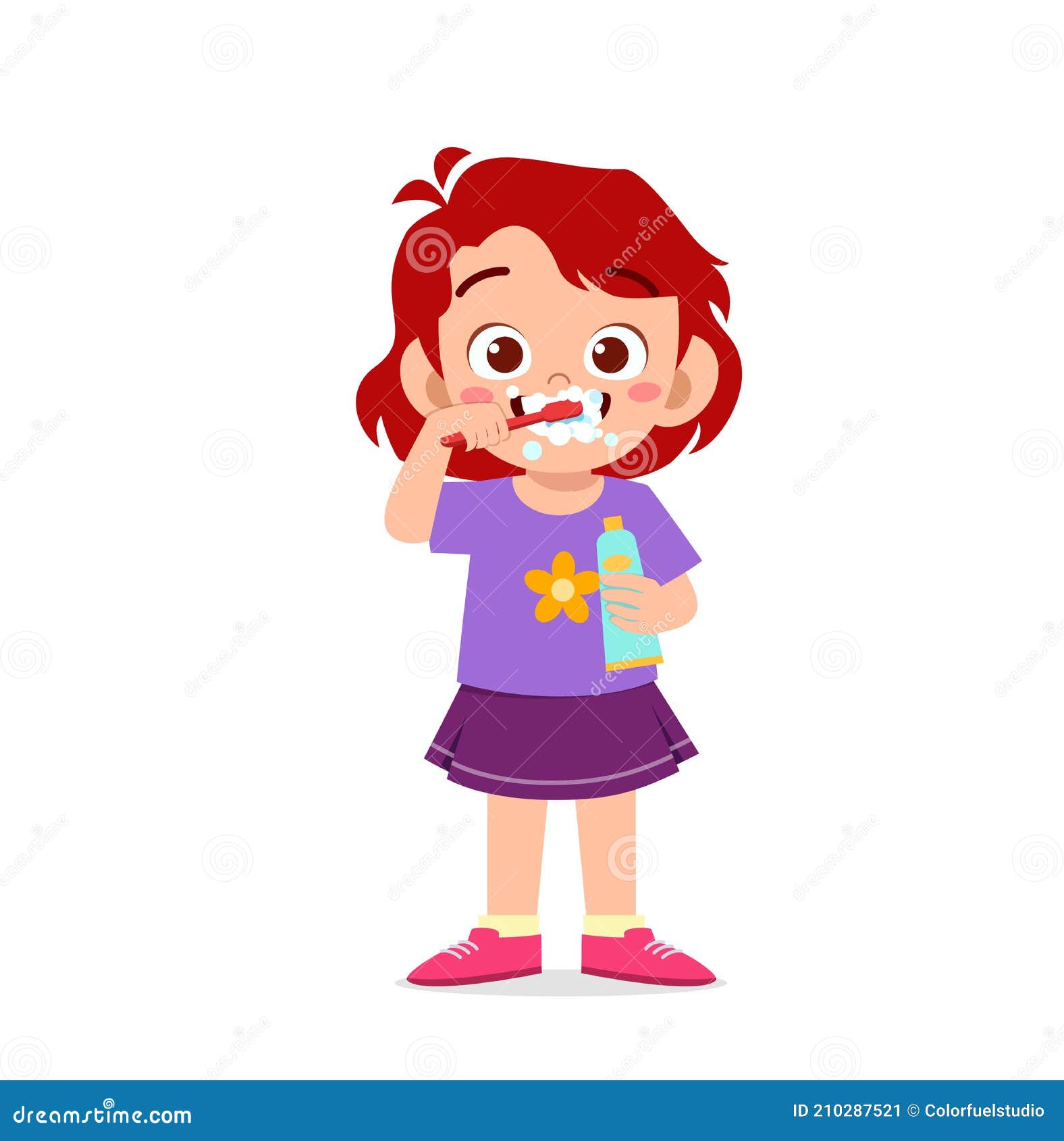 Cute Little Girl Brushing Teeth and Holding Toothpaste Stock Vector ...