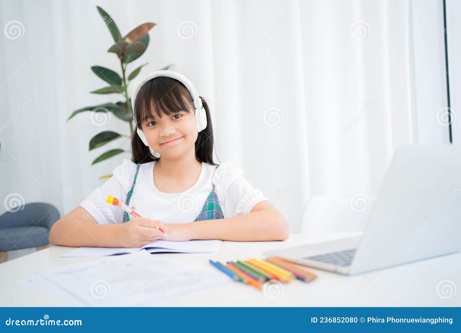 Cute Little Girl Children Using Laptop Computer, Studying through ...