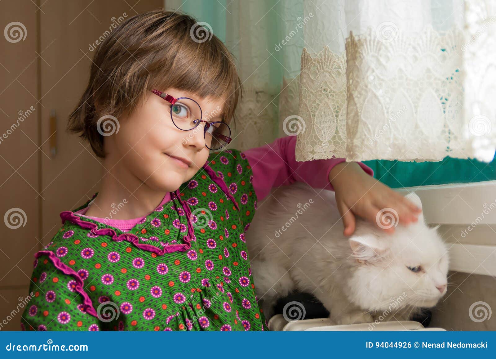 Cute Little Girl Cuddle Cat Stock Photo - Image of cheerful, child ...