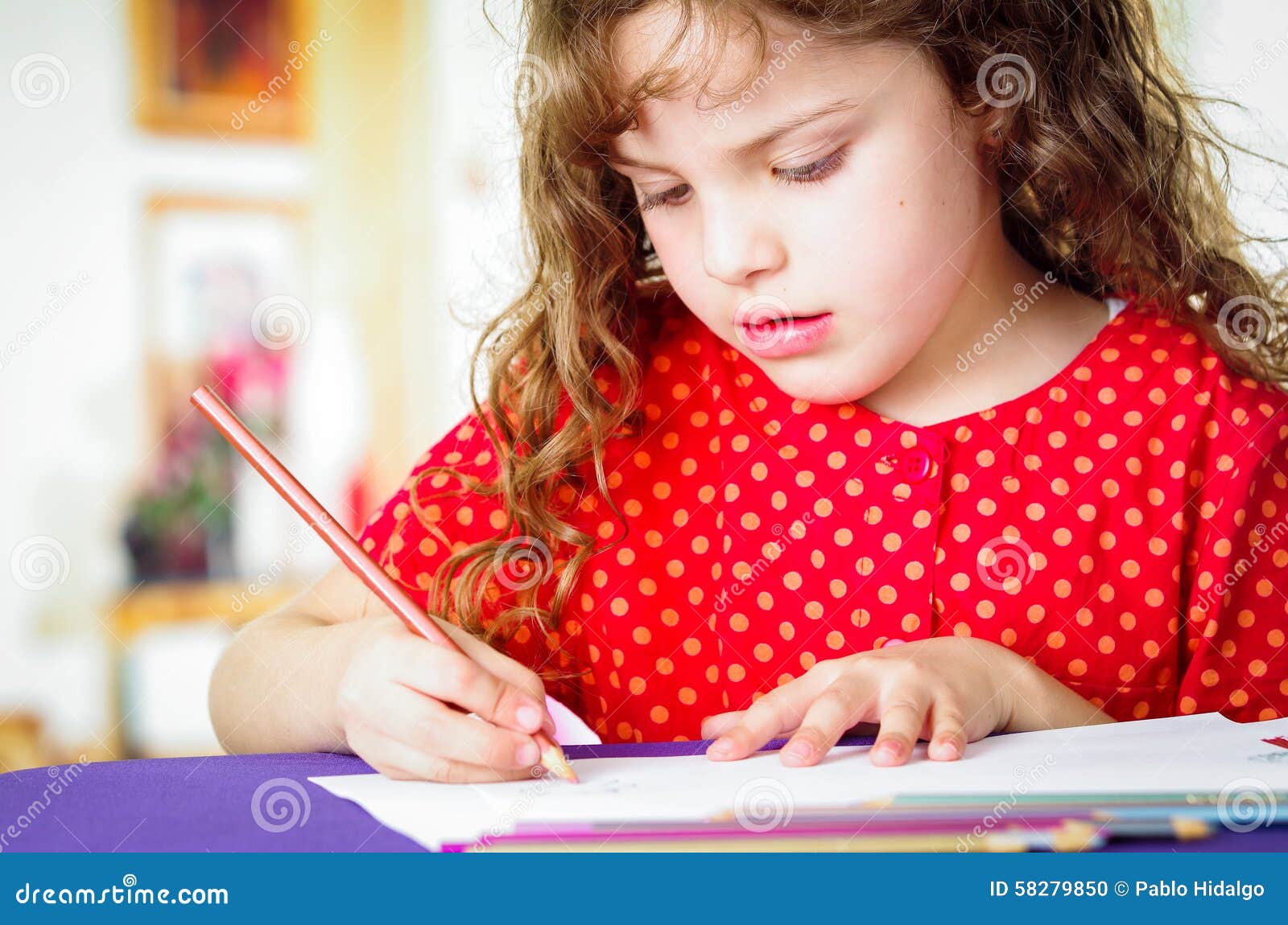 Cute Little Girl Doing Her Homework Stock Photo - Image of hands ...
