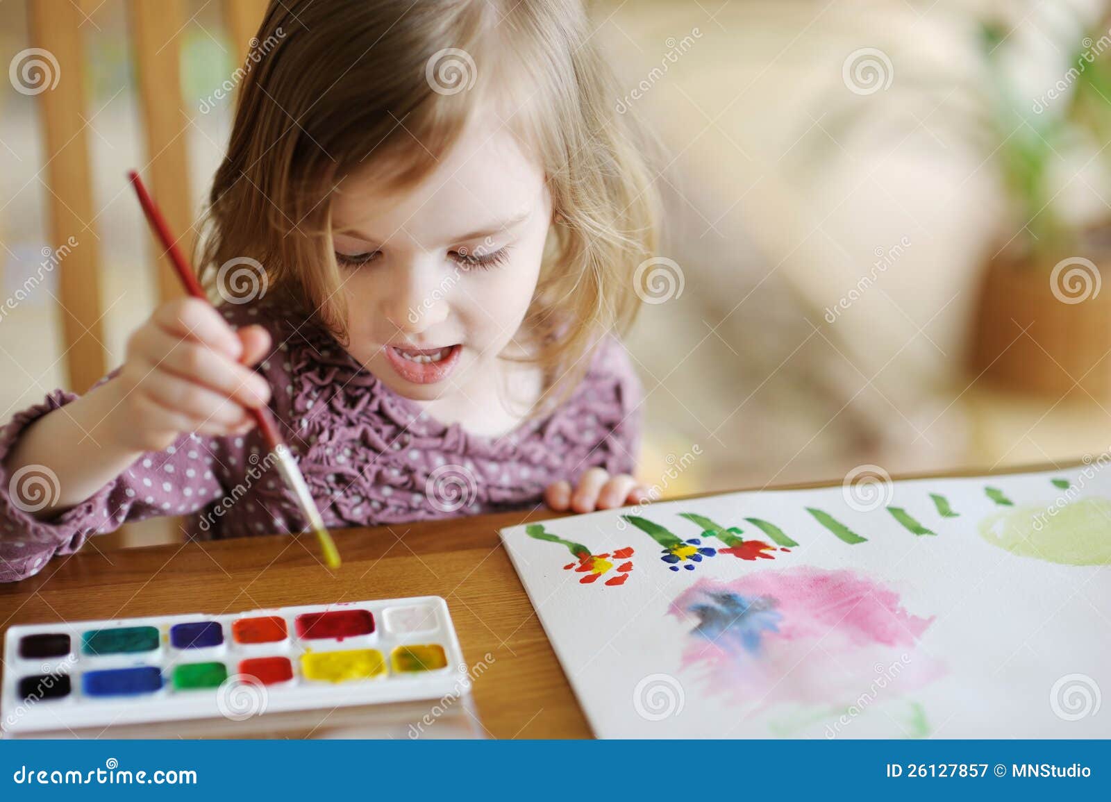 Cute Little Girl is Drawing with Paints Stock Image - Image of ...