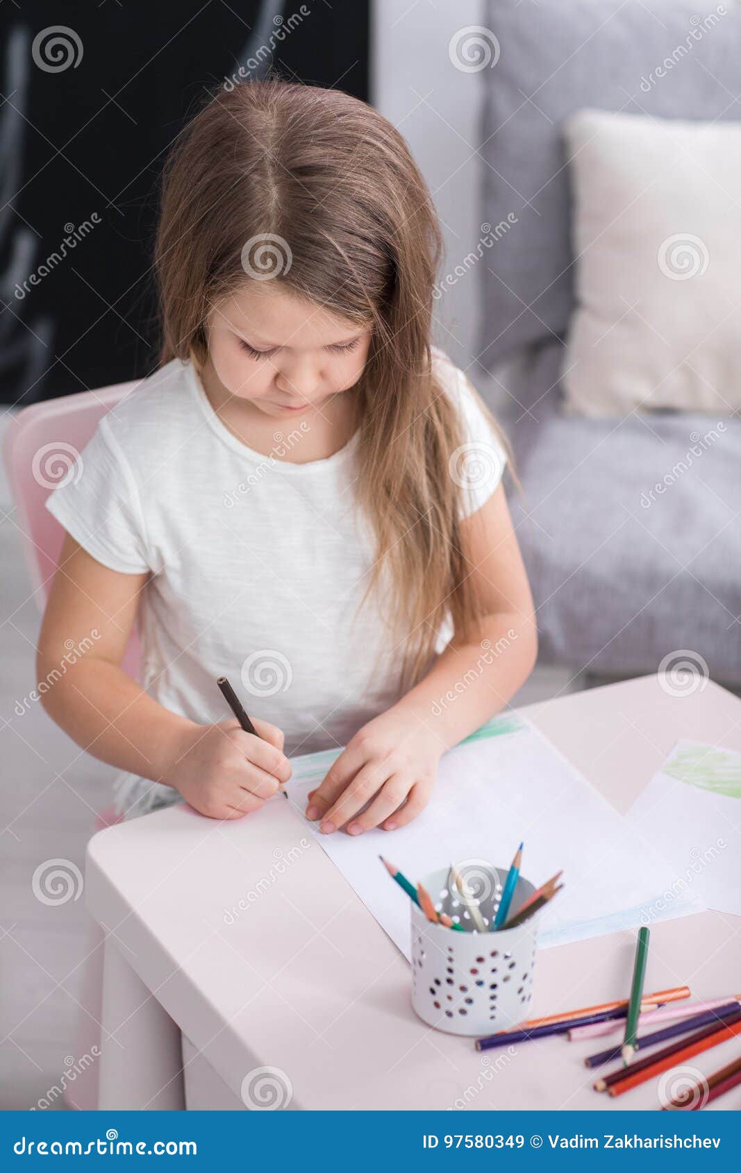 Cute Little Girl is Drawing while Spending Time at Home Stock Image ...