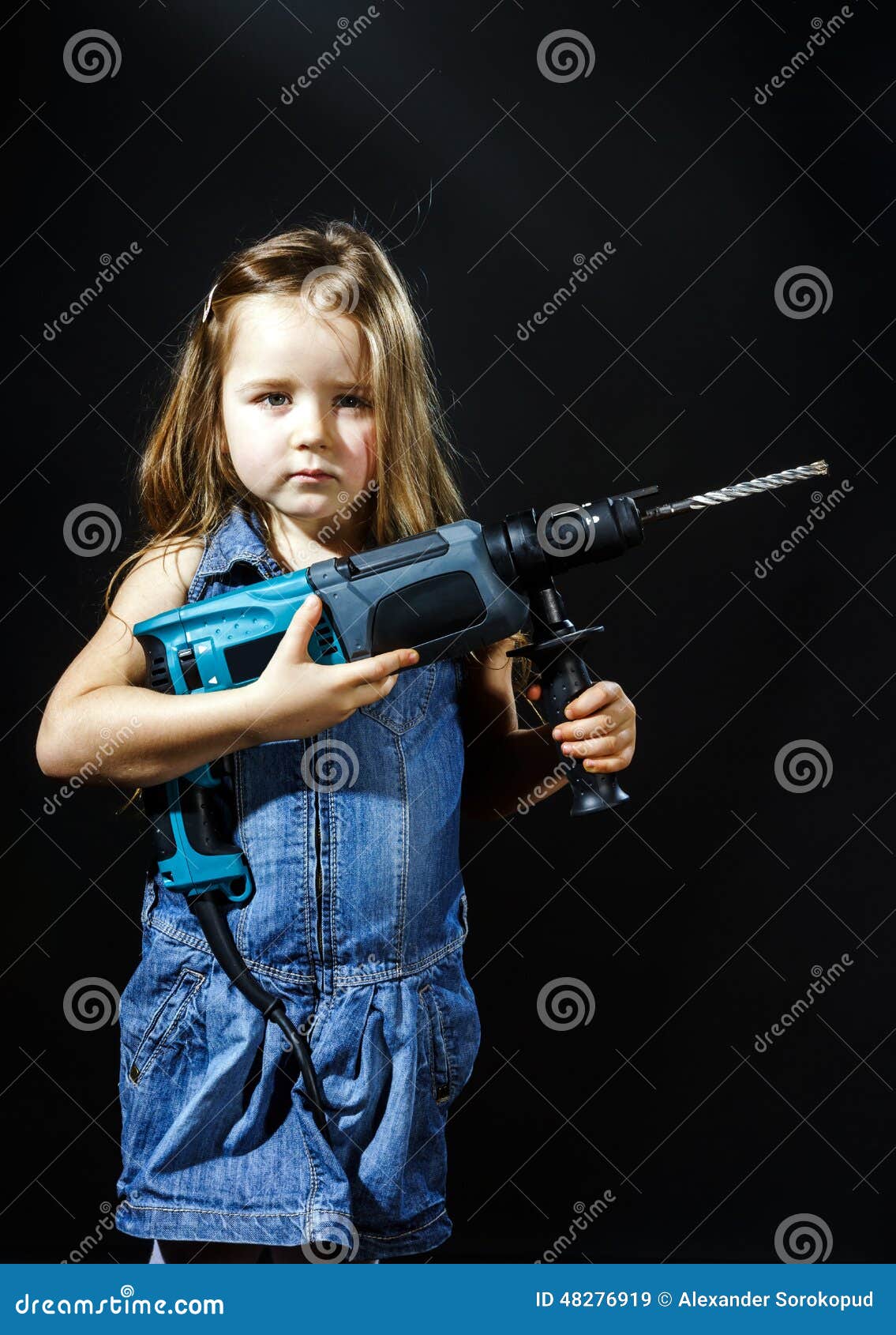 Cute Little Girl with Drilling Machine in Her Hands Stock Image - Image ...