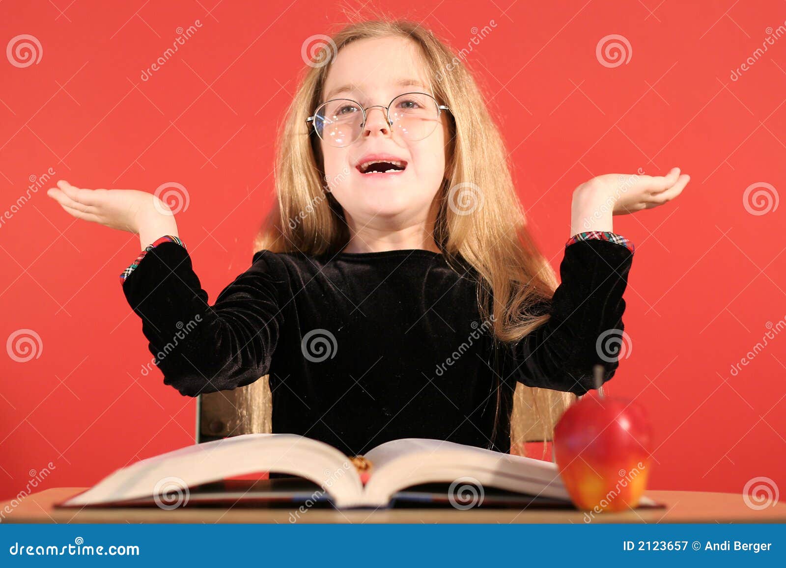 Cute Little Girl with Hands Up Stock Image - Image of desk, pencil: 2123657