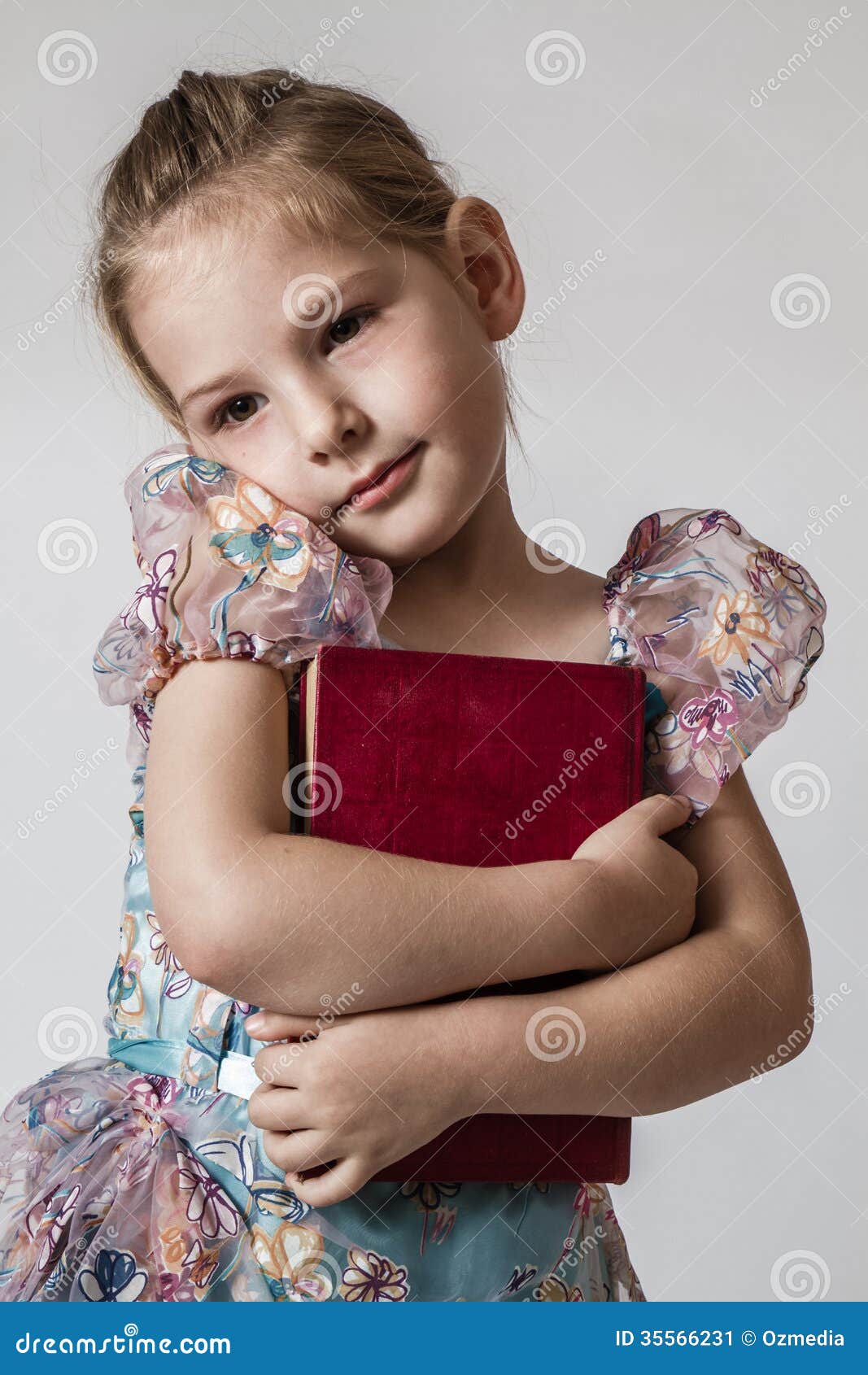 Cute Little Girl Hugging Red Book Stock Image - Image of female, pile ...