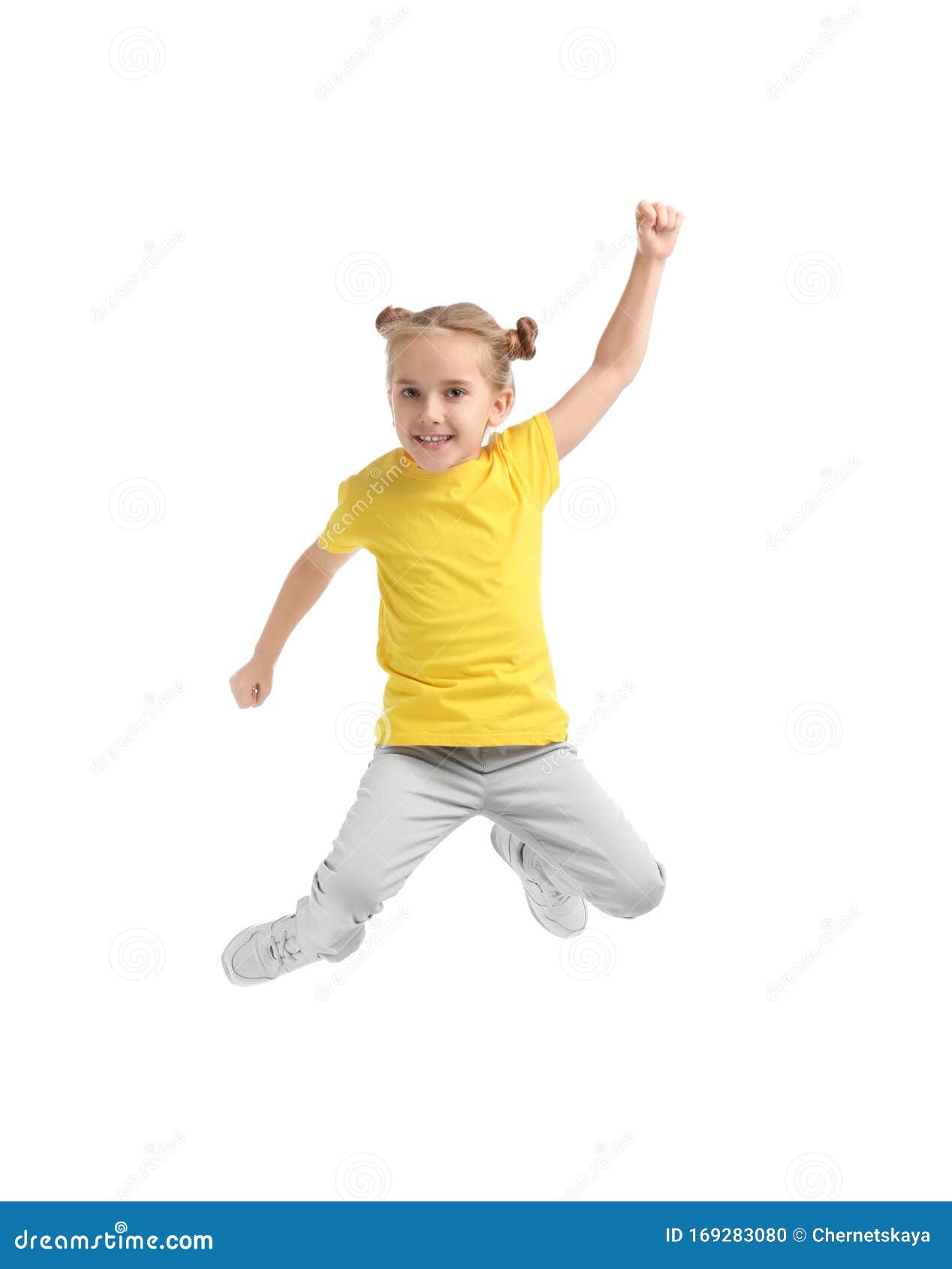 Cute Little Girl Jumping on Background Stock Photo - Image of girl ...