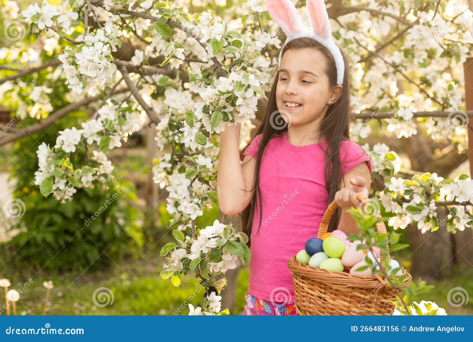 Cute Little Girl Looking for Easter Eggs. Stock Photo - Image of flower ...