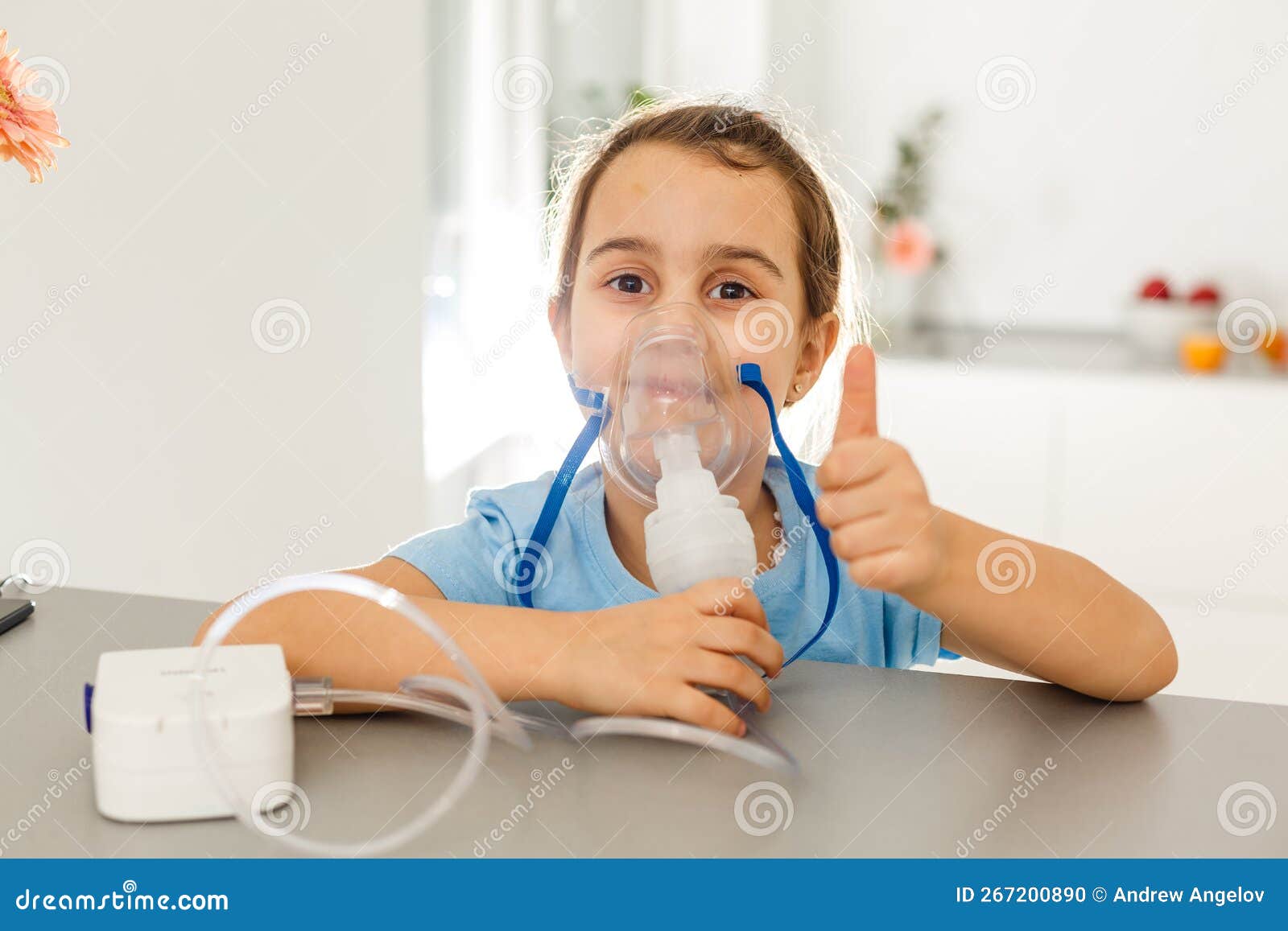 Cute Little Girl with Nebulizer Mask. Stock Photo - Image of little ...