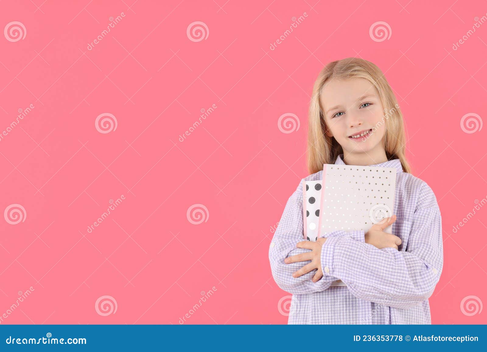Cute Little Girl with Notebooks on Pink Background Stock Photo - Image ...