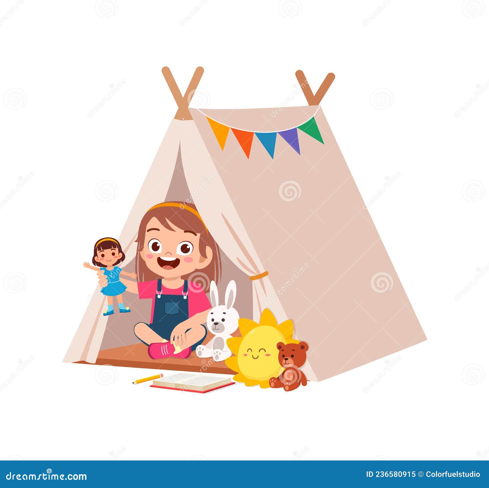 Cute Little Girl Play Inside Small Tent Stock Vector - Illustration of ...
